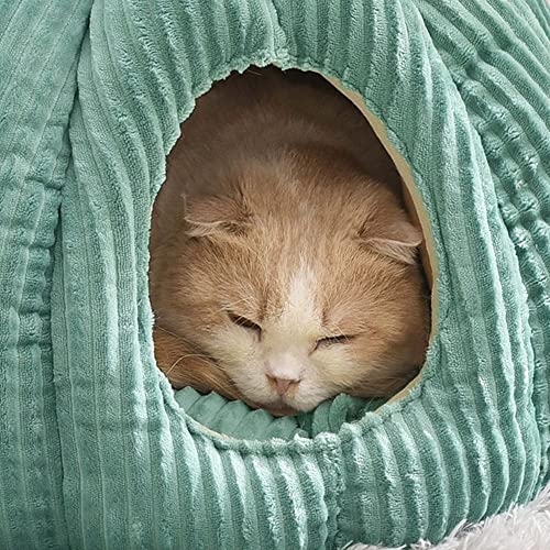 Houchu Large Cat House with Cushion Winter Warm Pet Basket Pet Sleeping Bed Puppy Kitten Rabbit Kitten Cave for Small Cats Dogs(L40xW40xH38CM,Green)