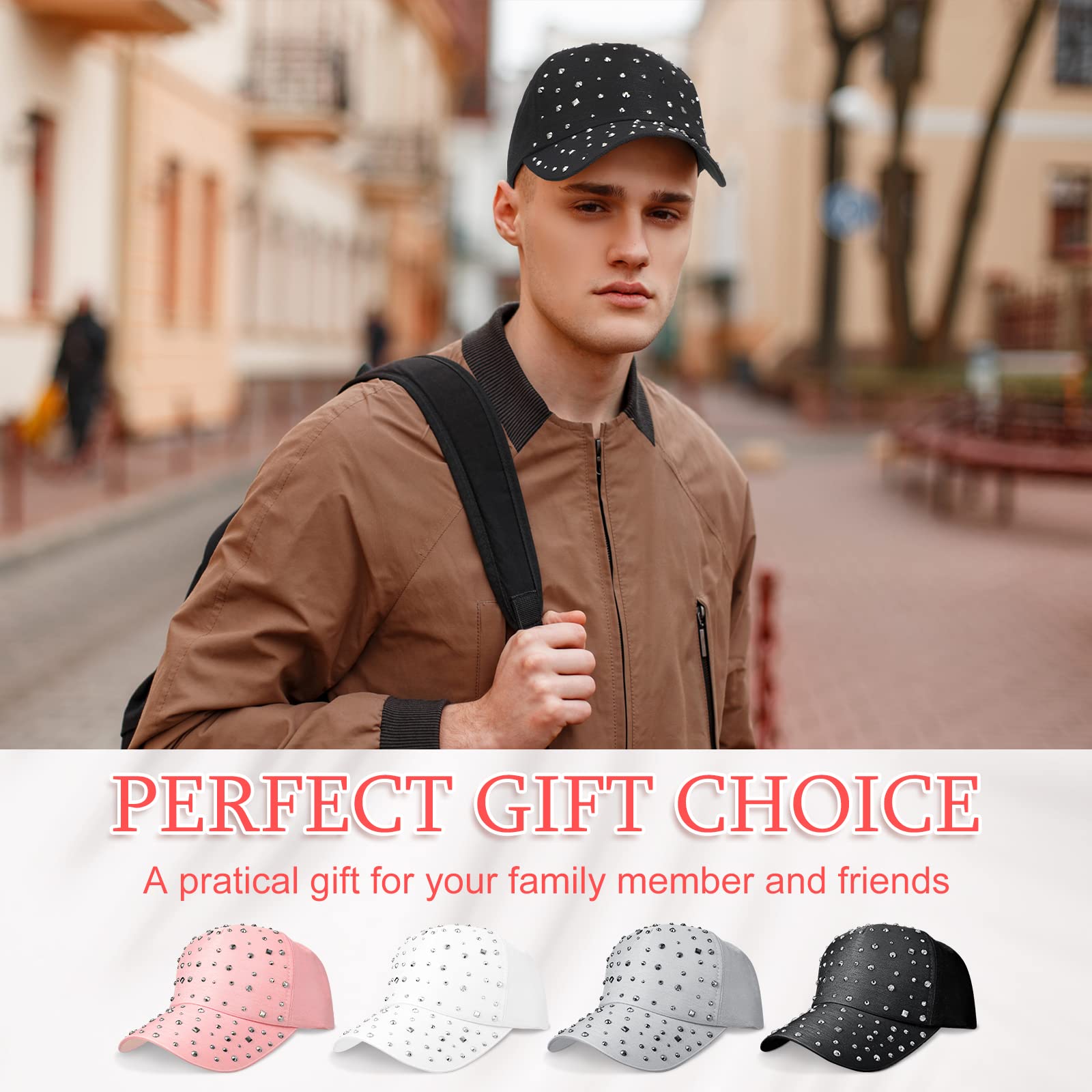 Bonuci 4 Pcs Bling Rhinestone Baseball Cap Women Adjustable Studded Crystal Baseball Cap Casual Glitter Sequin Hat (Cute)