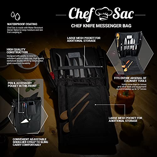 Chef Knife Bag Messenger Bag | 6+ Pockets for Knives & Kitchen Utensils | Adjustable Padded Chef Bag | Special Slots for Honing Rod | Great Gift for Executive Chefs & Culinary Students (Black)