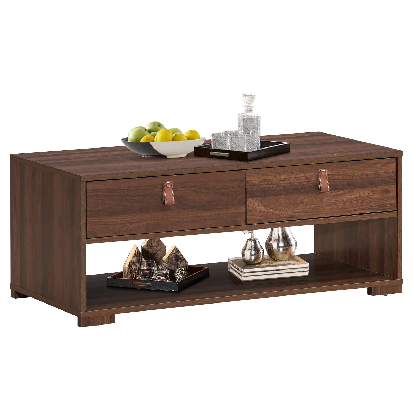 Tangkula Coffee Table with Drawers, Industrial Accent Cocktail Table with 2 Drawers & Open Storage Shelf, Wooden Rectangular Sofa Table for Living Room Home Office (Walnut)