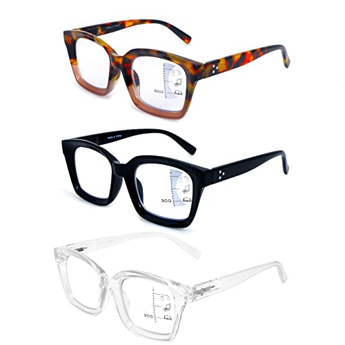 HIYANJN 3 Pack Progressive Multifocal Reading Glasses for Women Men Oprah style Blue Light Blocking Spring Hinger Readers 1.75