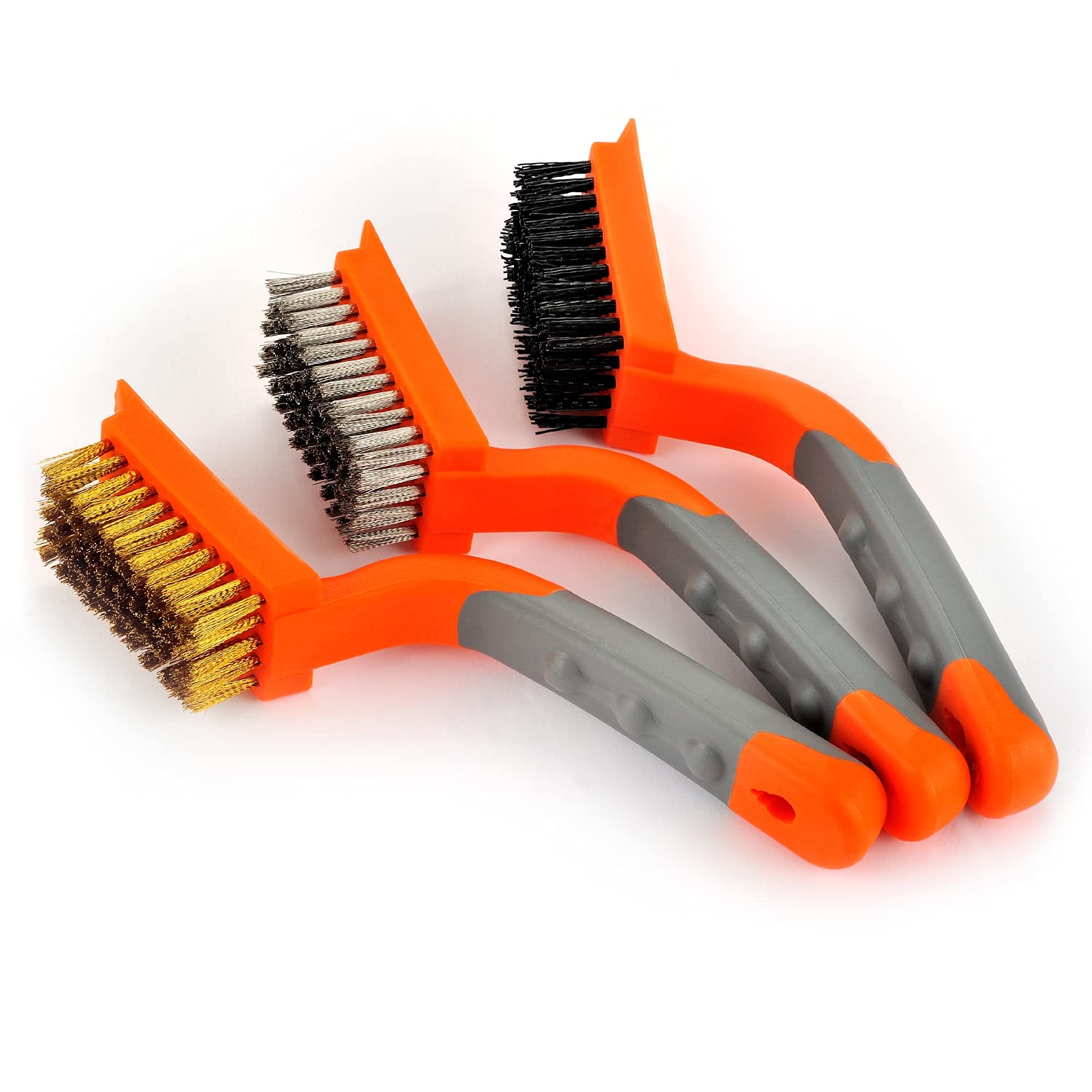 MAXMAN Wire Brush 3Pcs Brass/Stainless Steel/Nylon Wire Brushes for Cleaning Rust Bristle Brush Set with Rubber Curved Handle Grip Used for Dirt, Paint Remover (Orange+ Gray)
