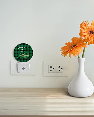 Green Truck Buffalo Plaid Night Lights Plug into Wall, St. Patrick's Day Auto Round LED Lights with Dusk to Dawn Sensor for Bedroom, Bathroom, Hallway, Kitchen, Kids, Home Decor