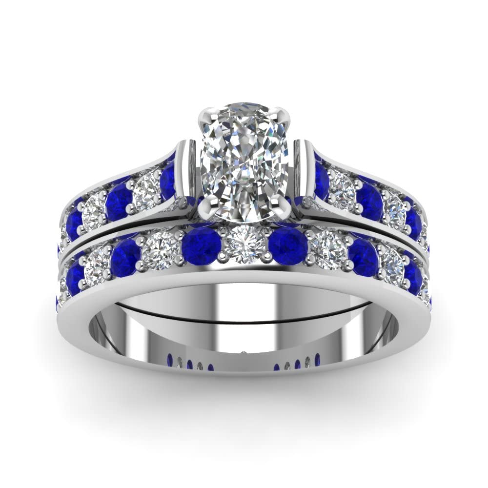 CustomizedGifts Cathedral Pave Diamond Bridal Set sterling silver Created Blue Sapphire Cushion shape Blue color Wedding Ring Sets pave Setting in Size 7 Party Wear Daily Wear Ornament