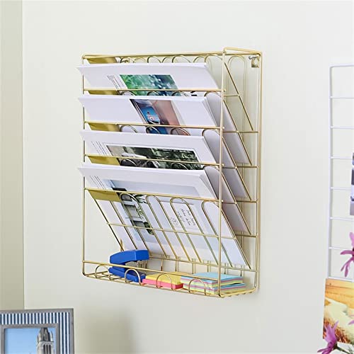 CHONSE Magazine Holder Desk Organizer Hanging Wall File Organizer, 5 Slot Wire Metal Wall Mounted Document Holder for Office Home, Gold
