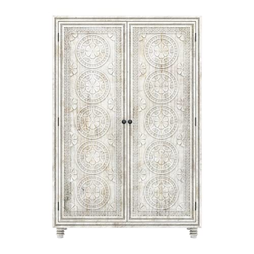 Khalifa Hand Carved Wardrobe Armoire - Weathered White Finish Mango Wood
