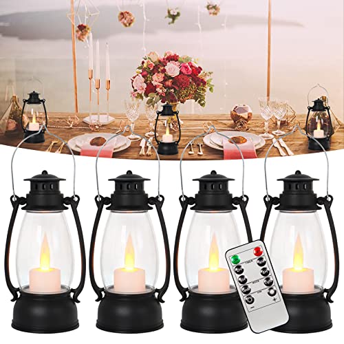 Reperla Vintage Remote Lantern Decor, 4-Pack Flickering LED Candle Lantern Good Sized Portable Lantern Indoor Outdoor Hanging Lanterns for Wedding Centerpiece,Halloween,Christmas,Farmhouse Decorative
