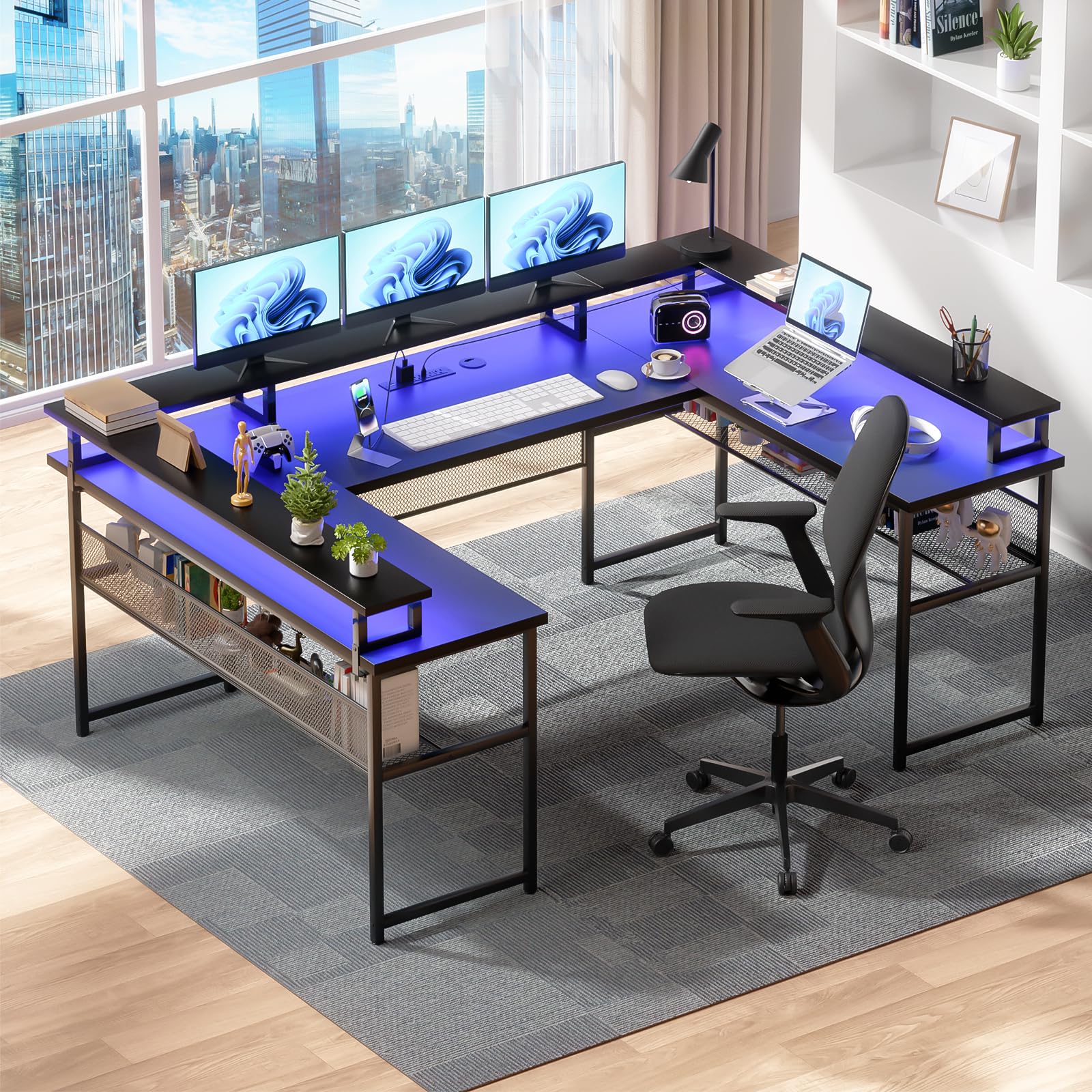 Unikito U Shaped Computer Desks, Reversible Office Desk with LED Strip and Power Outlets, L Shaped Table with Full Monitor Stand and Storage Shelves, 83 Inch Large U- Shape Gaming Desk, Black