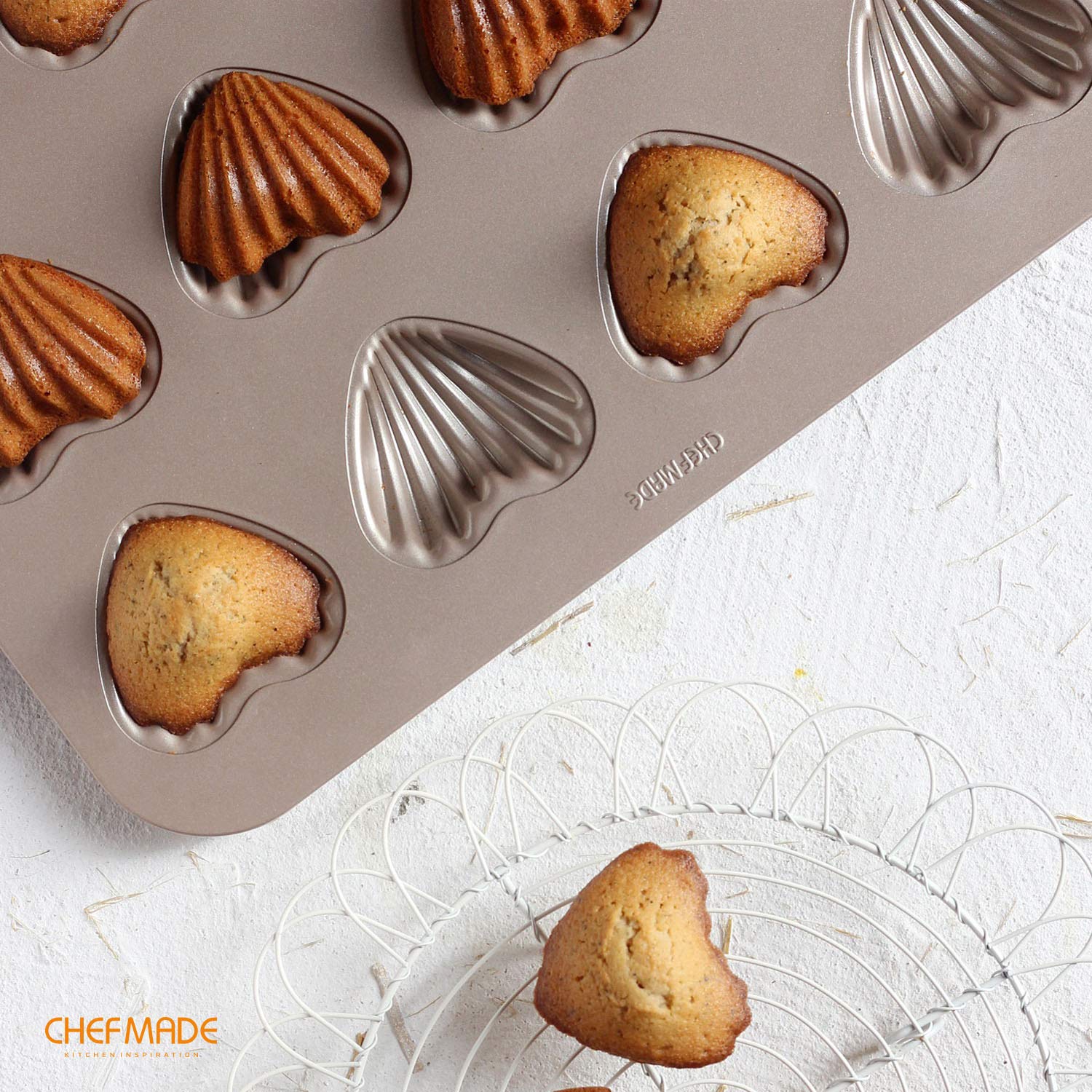 CHEFMADE Madeleine Mold Cake Pan, 12-Cavity Non-Stick Spherical Shell Madeline Bakeware for Oven Baking (Champagne Gold)