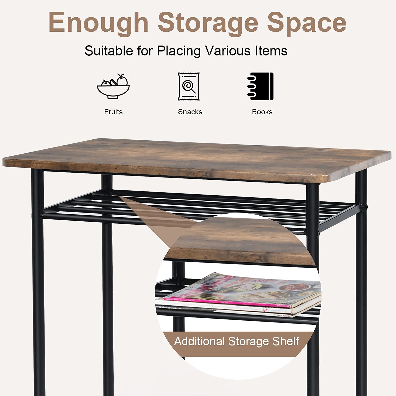 COSTWAY 3 Pieces Dining Table Set, Compact Dining Table Set with 2 Bar Stools, Space-Saving Bistro Set with Metal Fame and Storage Shelf, Pub Table and Chairs Set for Kitchen, Dining Room (Teak)