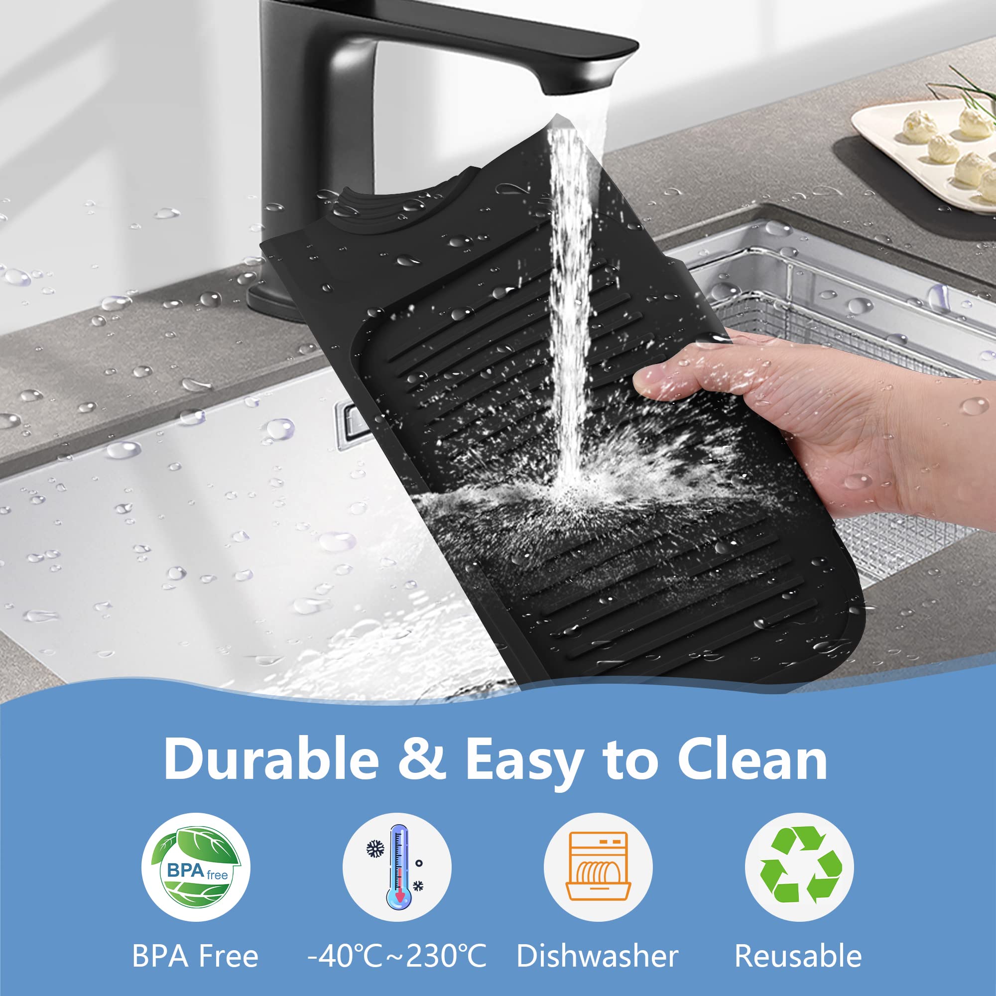 Burfocus Kitchen Sink Splash Guard, Silicone Faucet Handle Drip Catcher Tray Silicone Faucet Mat Kitchen Sponge Holder for Kitchen Sink Accessories Sink Protectors for Kitchen Sink (Black24" x 5.5")