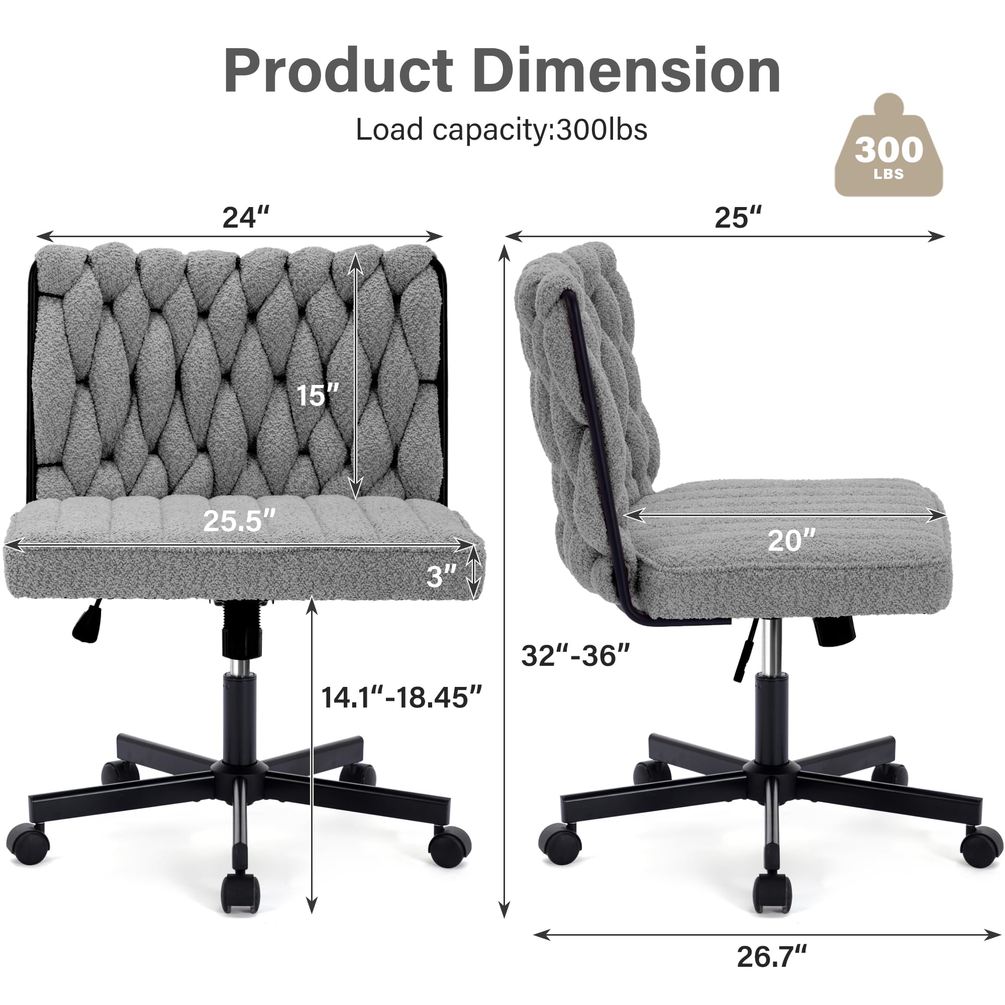 HForesty Criss Cross Legged Office Desk Chair with Wheels, Modern Armless Desk Chair with Wide Seat, Home Office Chair for Work, Meditation, Vanity, Grey