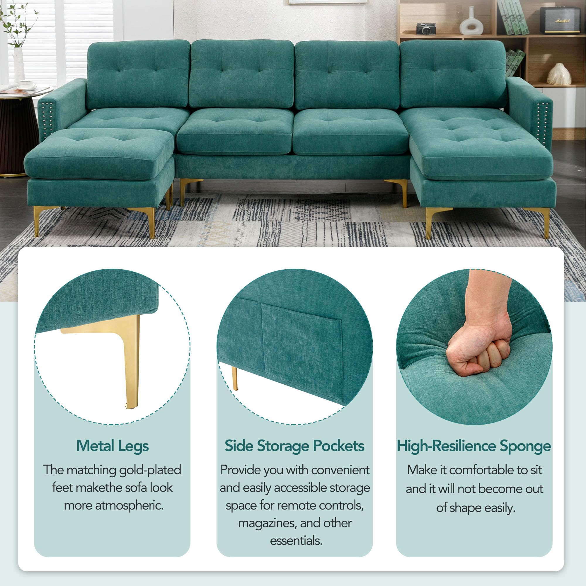 Favfurish 110" L Shape Convertible Sectional Sofa with Movable Ottoman,Velvet U-Shape Modular Couch,for Living Room,Apartment, Office,Green