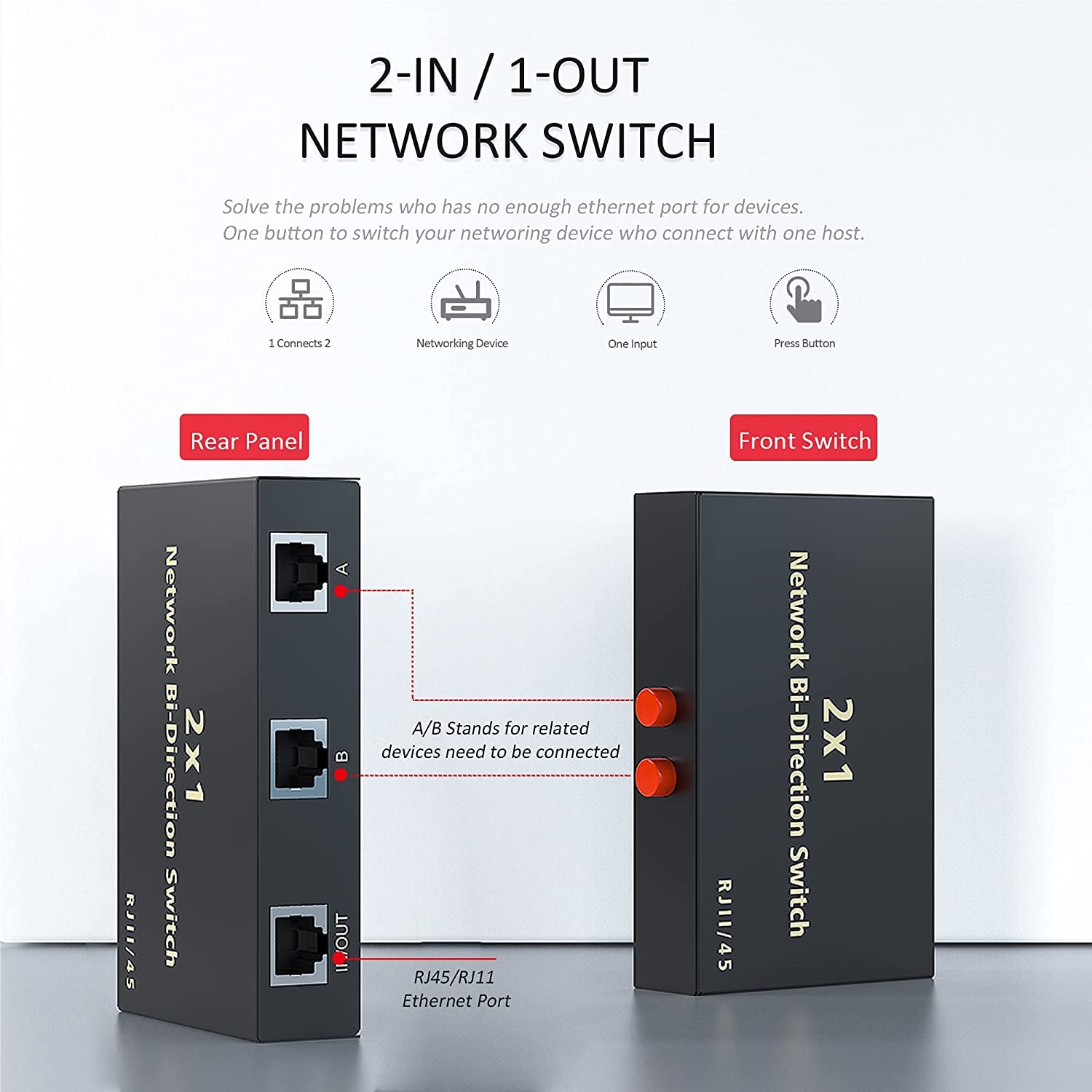 Ethernet RJ45 Network Switch Selector, 2Port RJ45 Gigabit Splitter Selector Switch Hub 2-in 1-Out or 1-in 2-Out 10/1000M Metal Housing
