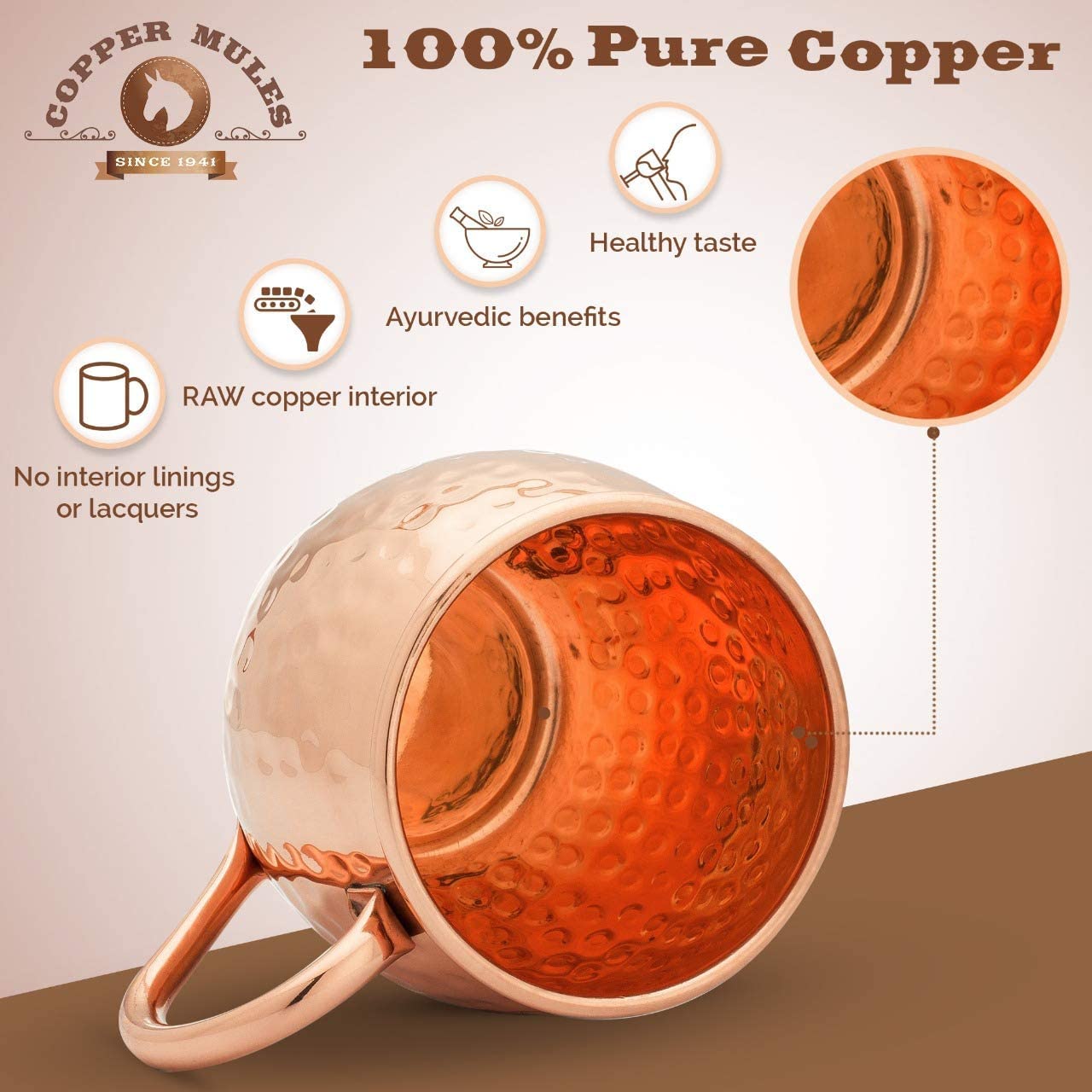 Copper Mules Moscow Mule Copper Mugs Set of 2 Hand Hammered - Classic Riveted Handles β The Finest Moscow Mule Mugs - Holds 16oz each