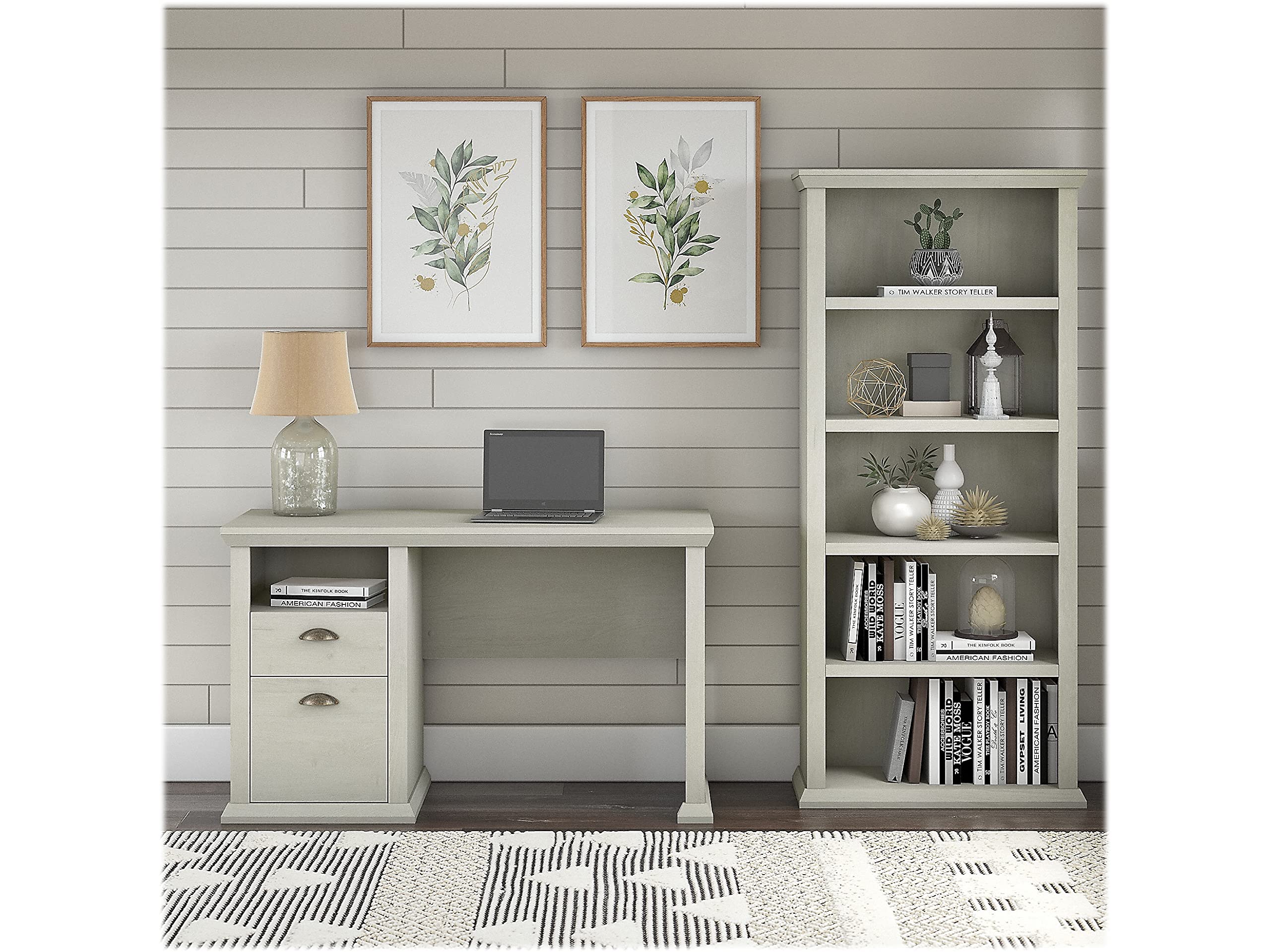 Bush Furniture Yorktown Home Office Desk with 5 Shelf Bookcase, 50W, White Oak