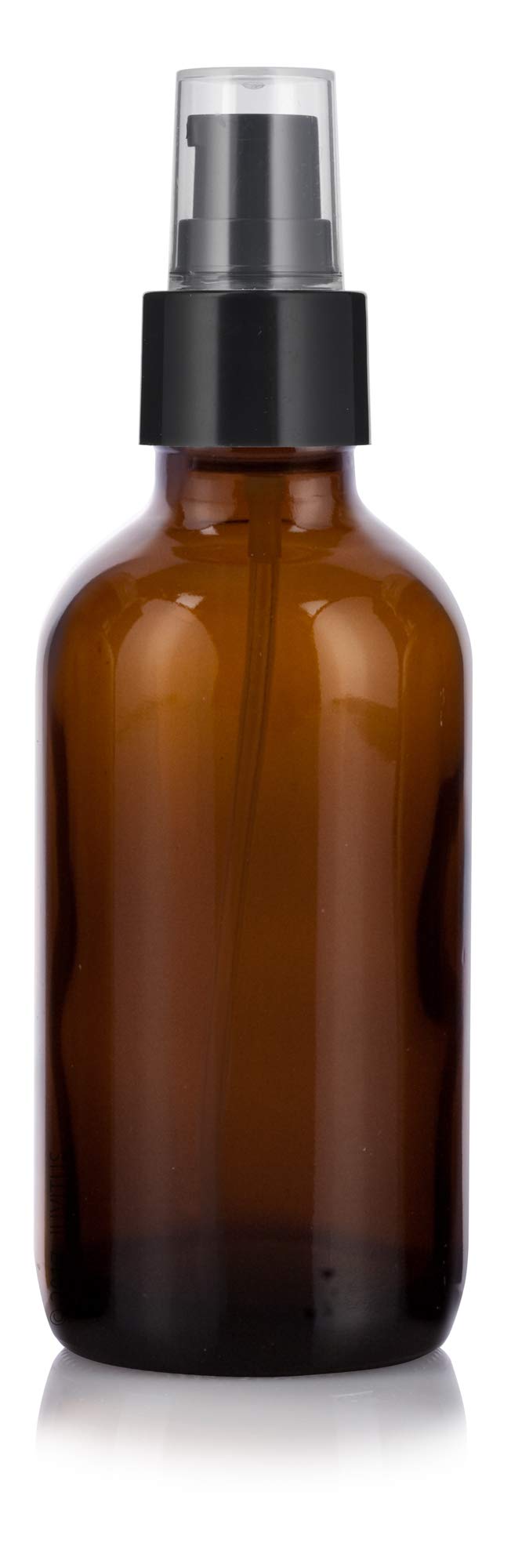 JUVITUS 4 oz Amber Glass Boston Round Bottle with Black Treatment Pump (12 pack) + Funnel