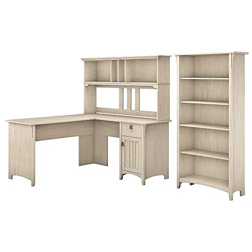 Bush Furniture Salinas 60W L Shaped Desk with Hutch and 5 Shelf Bookcase in Antique White