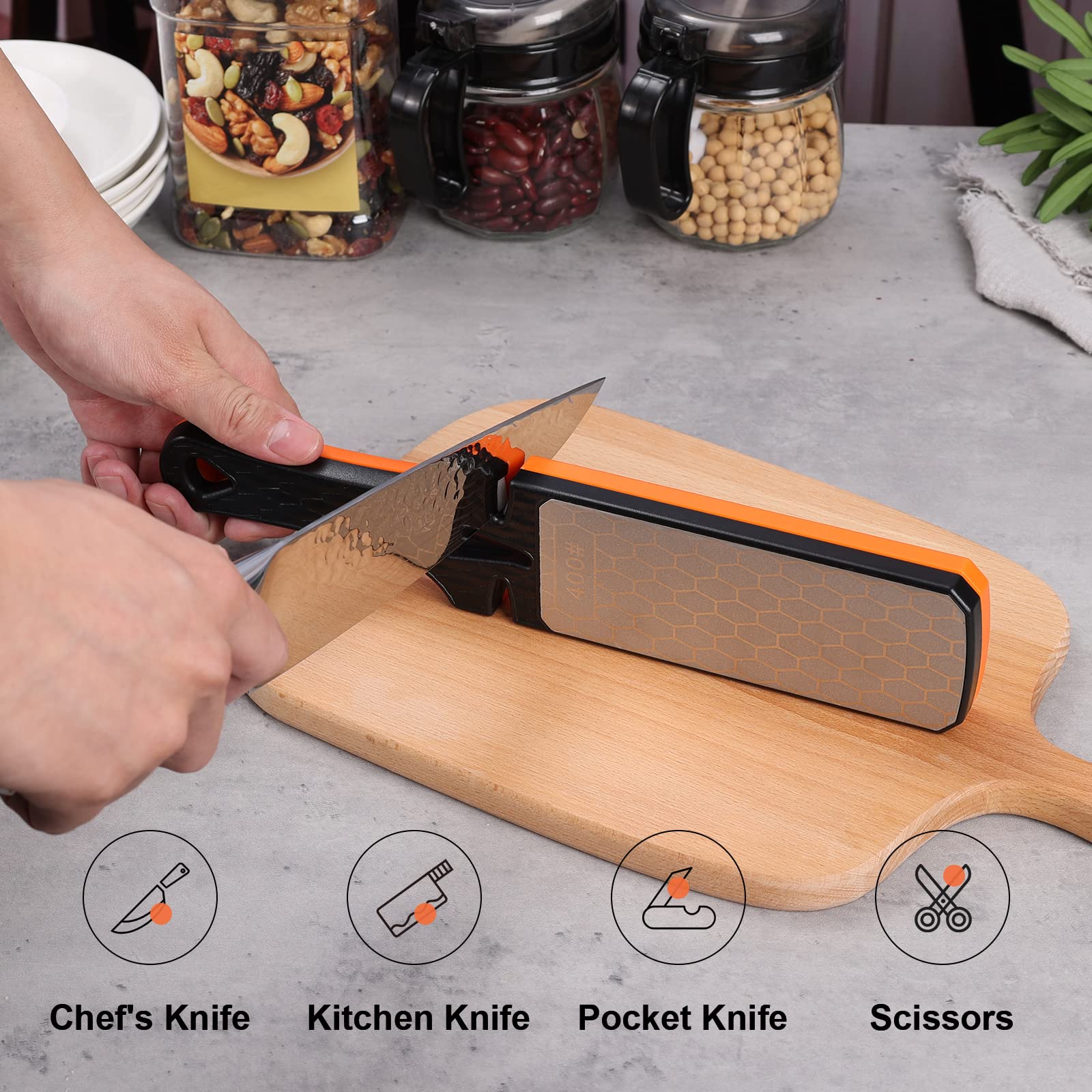 ETITATO Chef Knife Knife Sharpeners, Kitchen Kit 8 Inches Non-Stick Stainless Steel Ultra Sharp Kitchen Knives for Home Kitchen, Professional 5-in-1 Sharpening stone with 3 Slots for Knives Scissors