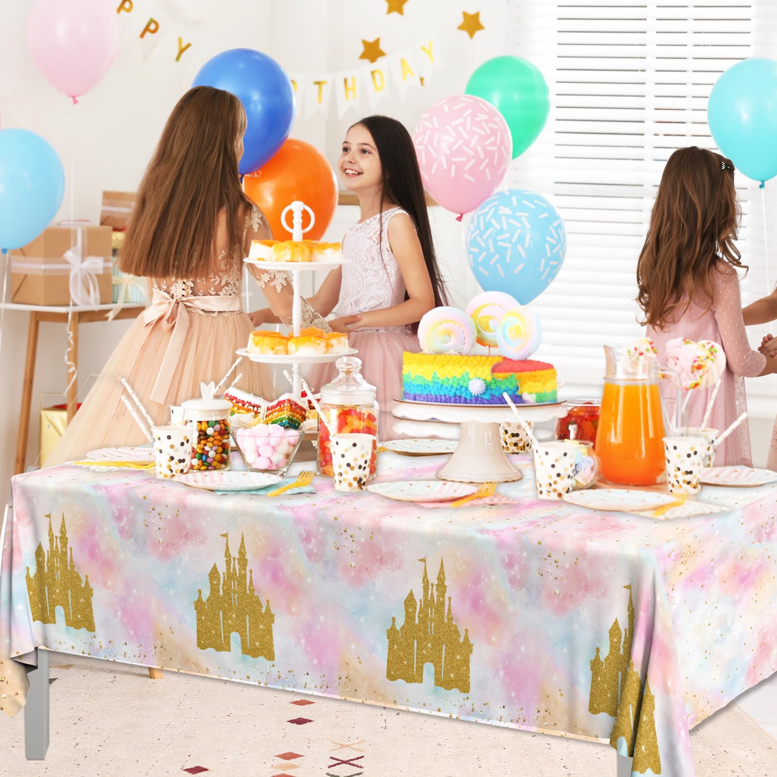 Juweked 3Pcs Princess Castle Tablecloth Rectangle Princess Table Cloth Pink Tablecloth Plastic Princess Table Decorations Pastel Table Cover Gold and Pink Princess Party Decor, 70.8" x 42.5"