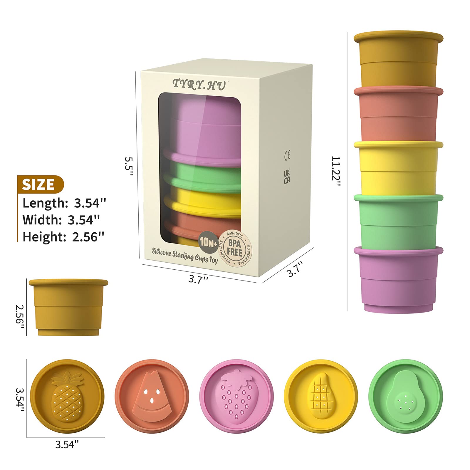 TYRY.HU Soft Silicone Stacking Cups Toy, 5 PCS Montessori Toys for 10+ Months Toddlers, Building Toys Nesting Cups Toys for Educational Develop Learning, Bathing Toy with Fruit Pattern, Colorful