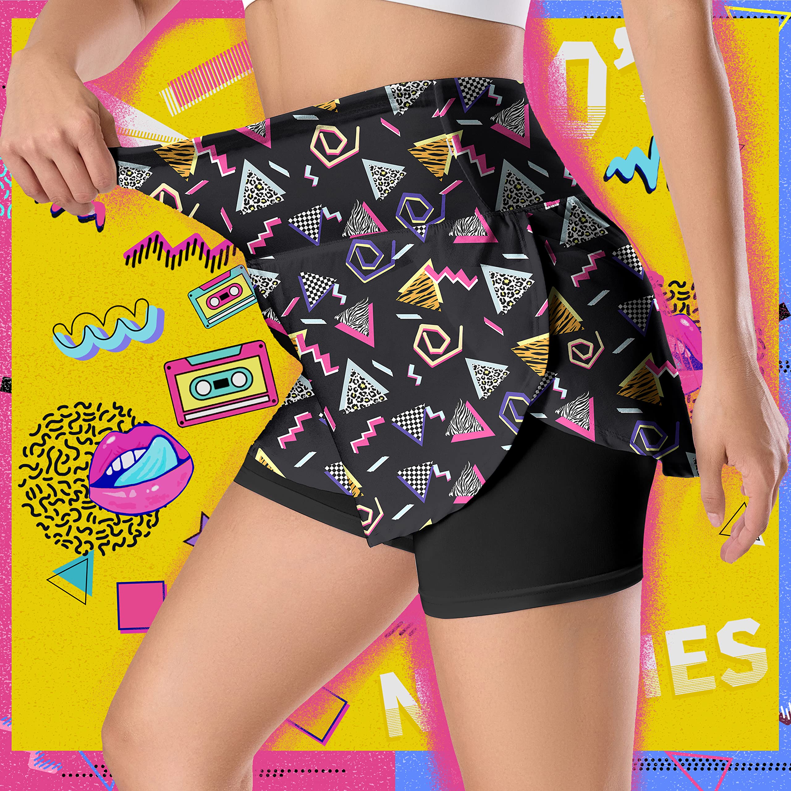 Bornore 80s Retro 2 in 1 Athletic Running Shorts 90s Neon Outfit Workout Yoga Short Pants for Women(80s90s-1-S)