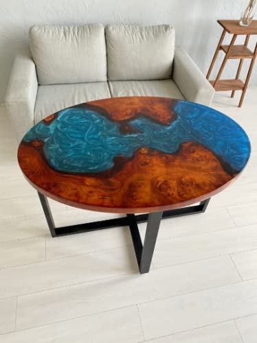 Oval Shape Epoxy Coffee Table with Blue Resin River, Custom Round Acacia Wood Side Circle, Wide Blue Resin River, Blue River Epoxy Table (18X18)