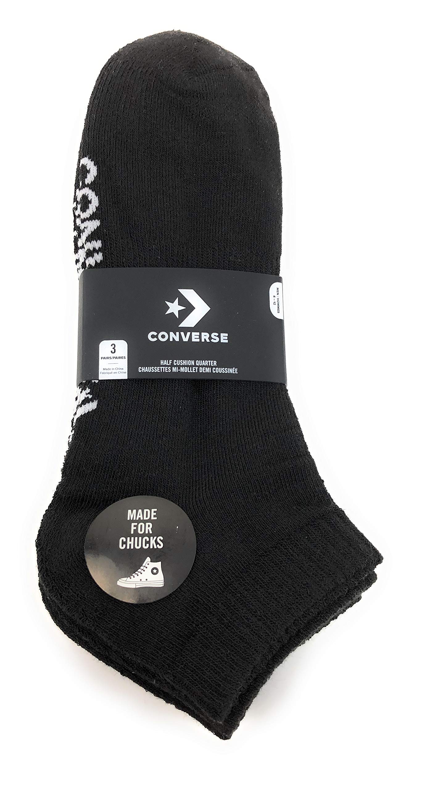 Converse Men's Half Cushion Quarter Socks 3-Pack Made for Chucks Shoe Size 6-12 (Black)