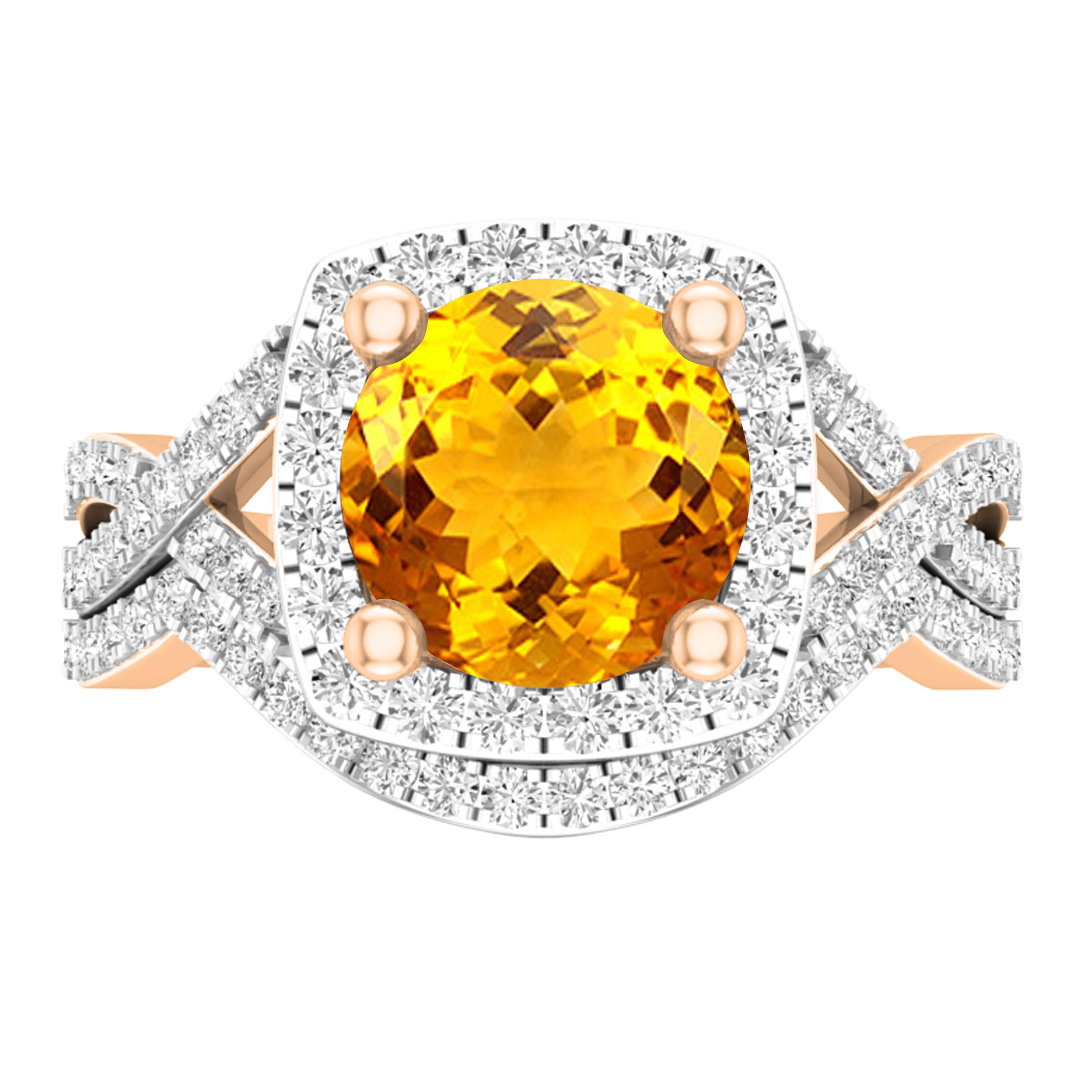Dazzlingrock Collection 8 mm Round Citrine & White Cubic Zirconia Ladies Split Shank Halo Wedding Ring Set, 10K Rose Gold, Size 7.5