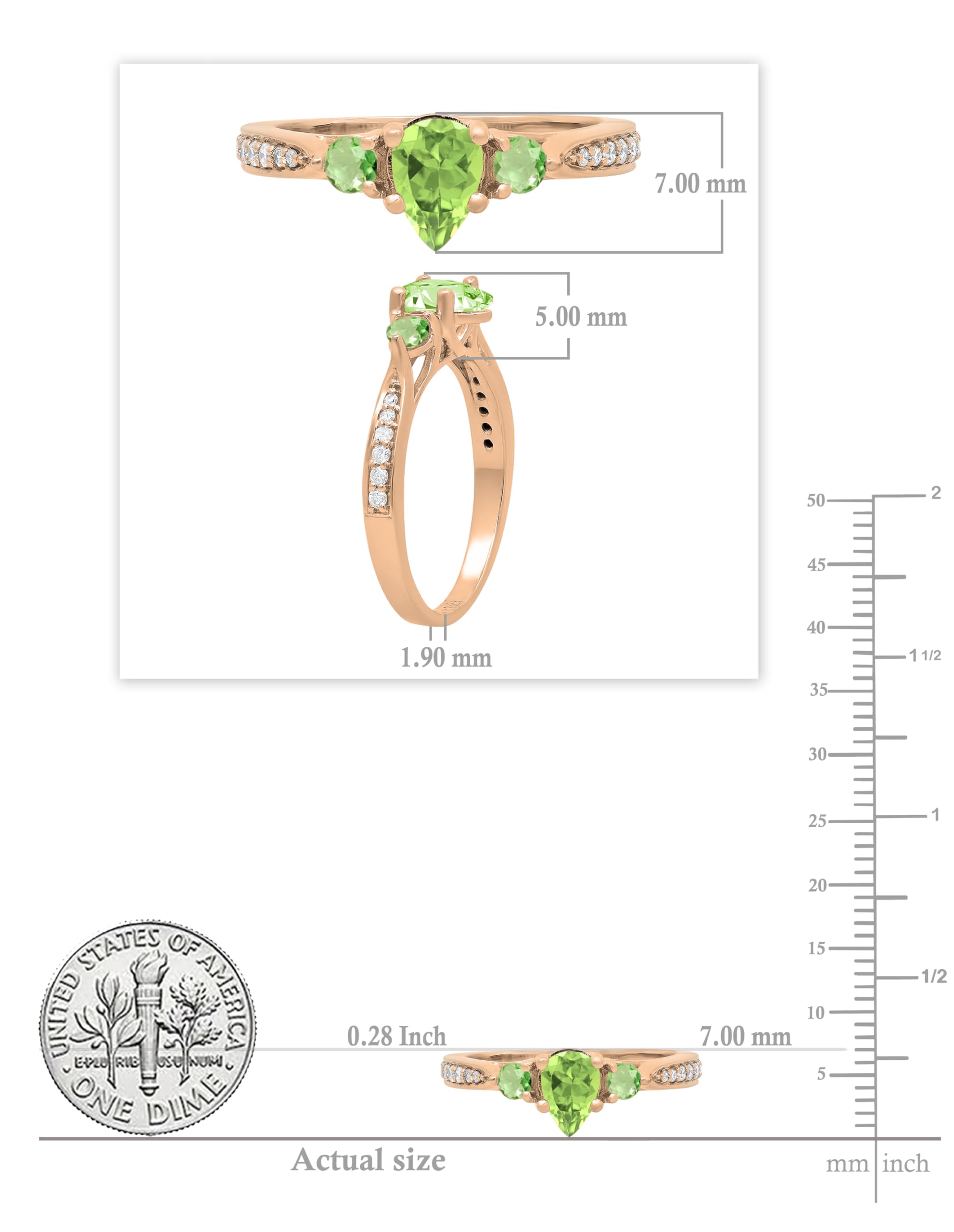 Dazzlingrock Collection 7x5mm Pear & Round Peridot with White Diamond 3 Stone Engagement Ring for Women in 10K Rose Gold, Size 7.5