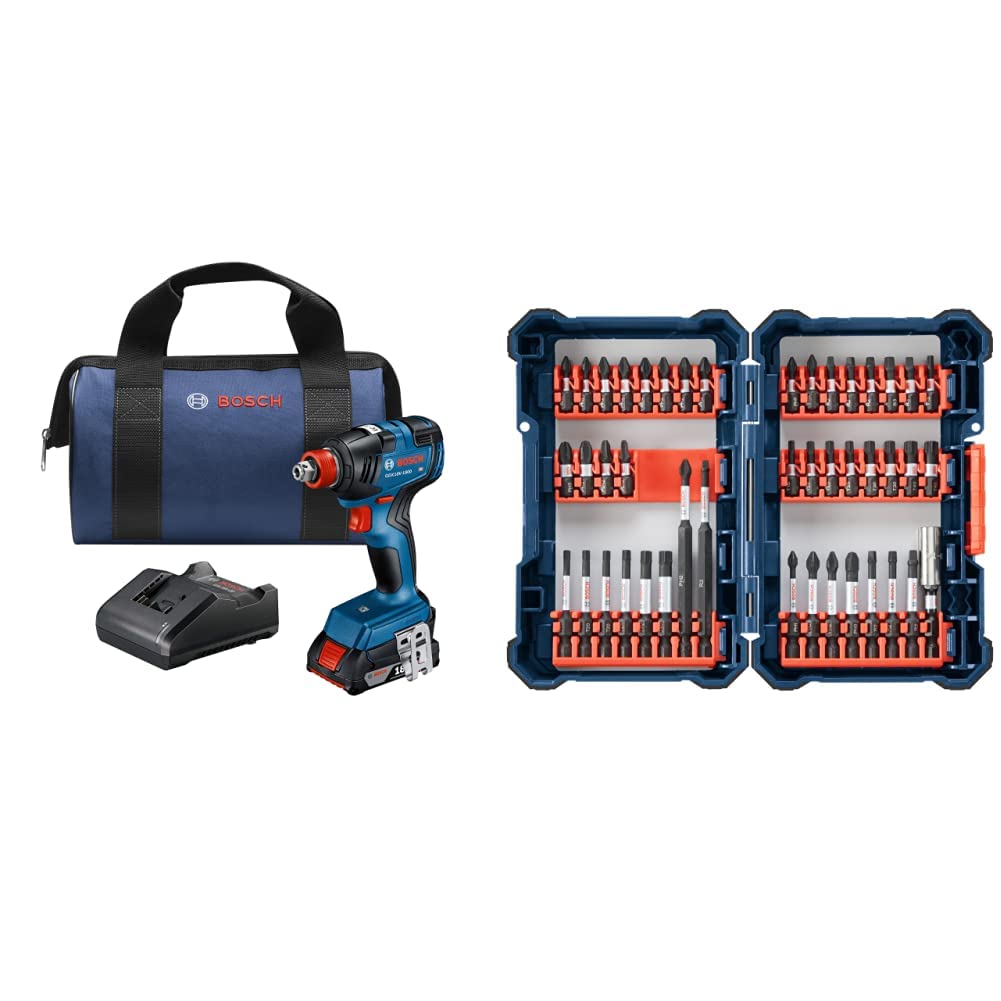Bosch GDX18V-1800B12 18V EC Brushless 1/4 In. and 1/2 In. Two-in-One Bit/Socket Impact Driver Kit with 2.0 Ah SlimPack Battery&BOSCH 44 Piece Impact Tough Screwdriving Custom Case System Set SDMS44