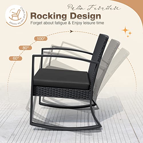 Greesum 3 Pieces Outdoor Furniture Set Patio Bistro Rocking Chairs with Glass Coffee Table for Pool Beach Backyard Balcony Porch Deck Garden, Black