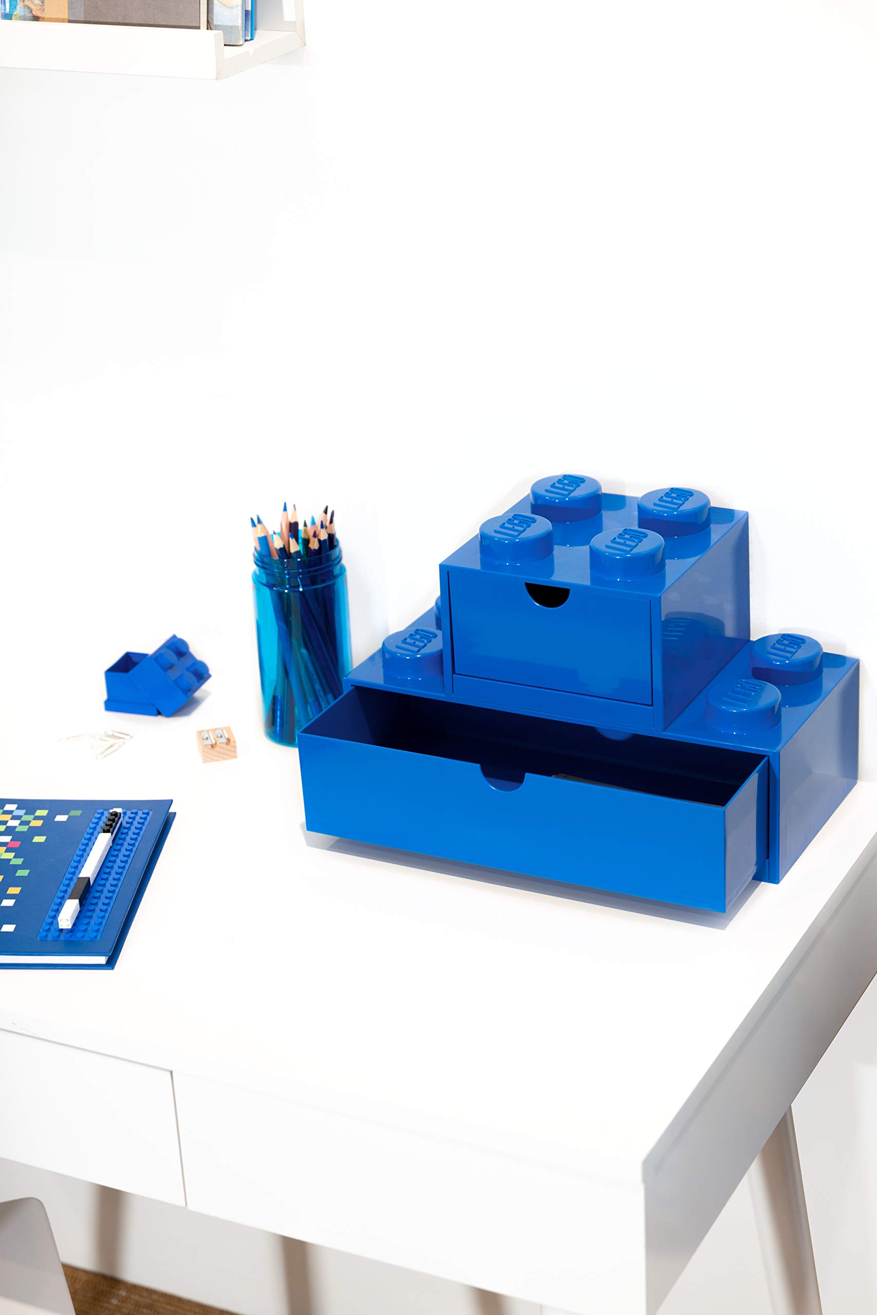 LEGO Stackable Desk Drawer BLUE with 8 Knobs - Plastic Storage Box for LEGO, Toys, Desk Drawers, Office Supplies, and Stackable Storage, Home Decoration