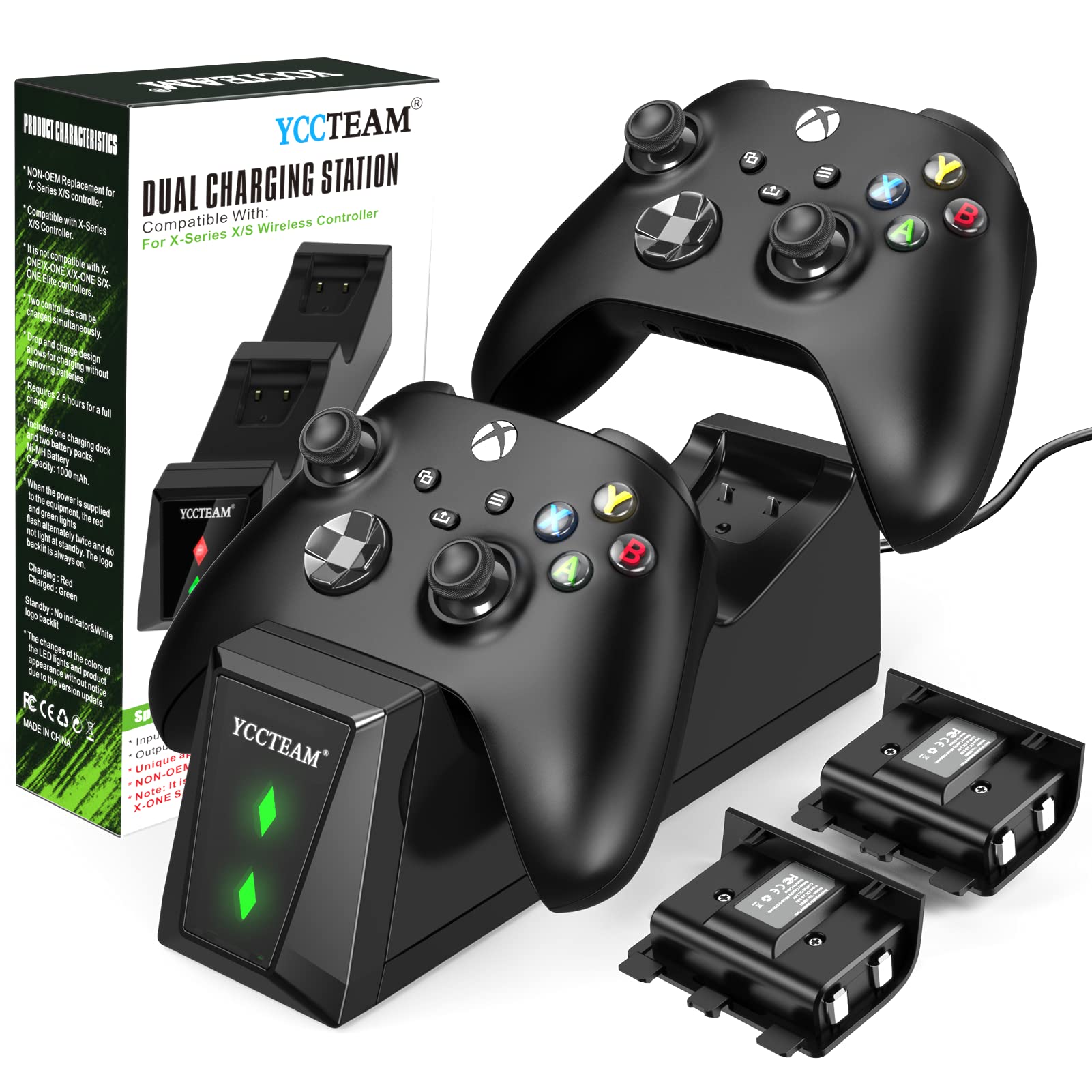 Controller Charger Station with 2x1000mAh Rechargeable Battery Packs for Xbox Series X|S Controller, YCCTEAM Dual Charging Dock for Xbox Controller Battery Pack