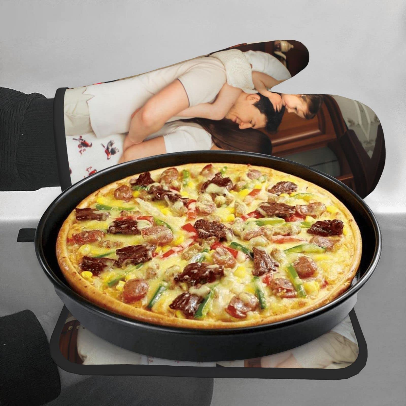 Custom Oven Mitts and Pot Holders Sets with Image Text Personalized Heat Resistance Cooking Gloves & Pot Cover Kitchen Gifts for Men Women Cooking Baking BBQ Grilling