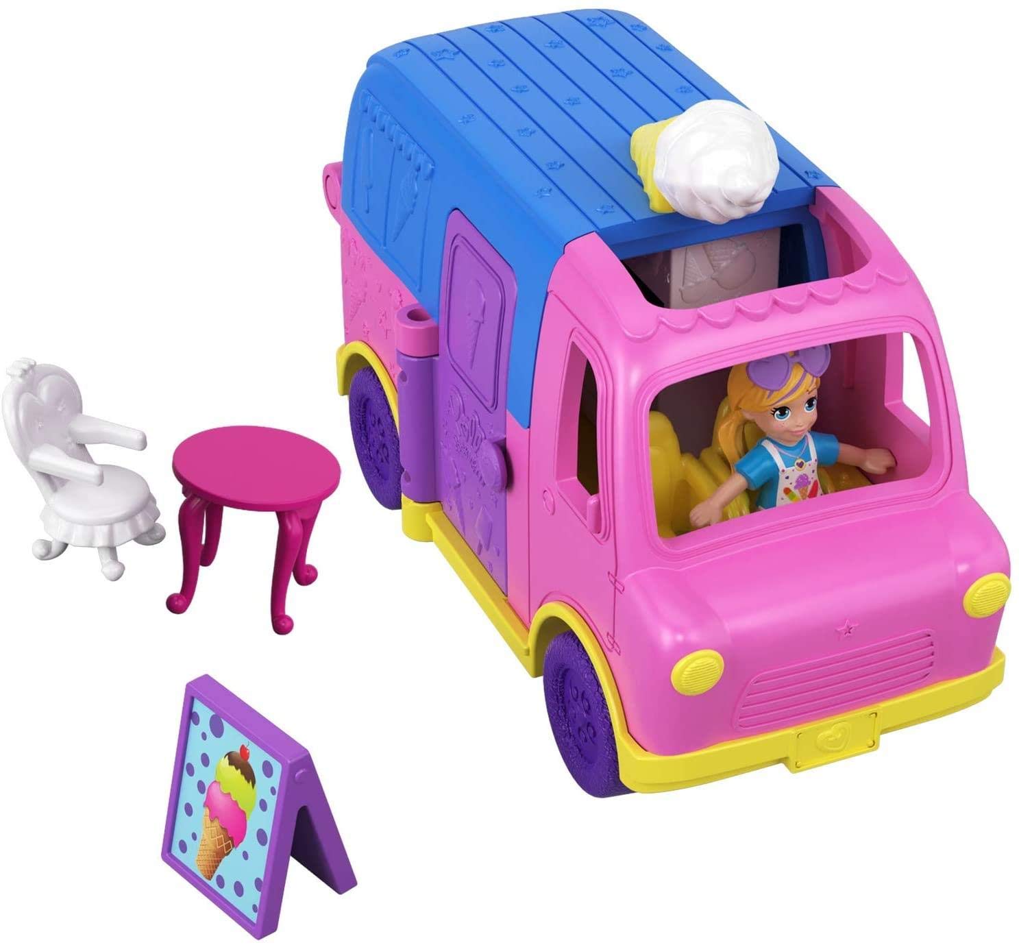Polly Pocket Pollyville Transforming Ice Cream Truck with Ice Cream Flavor Display, Table, Chairs, Micro Polly Doll & Accessories