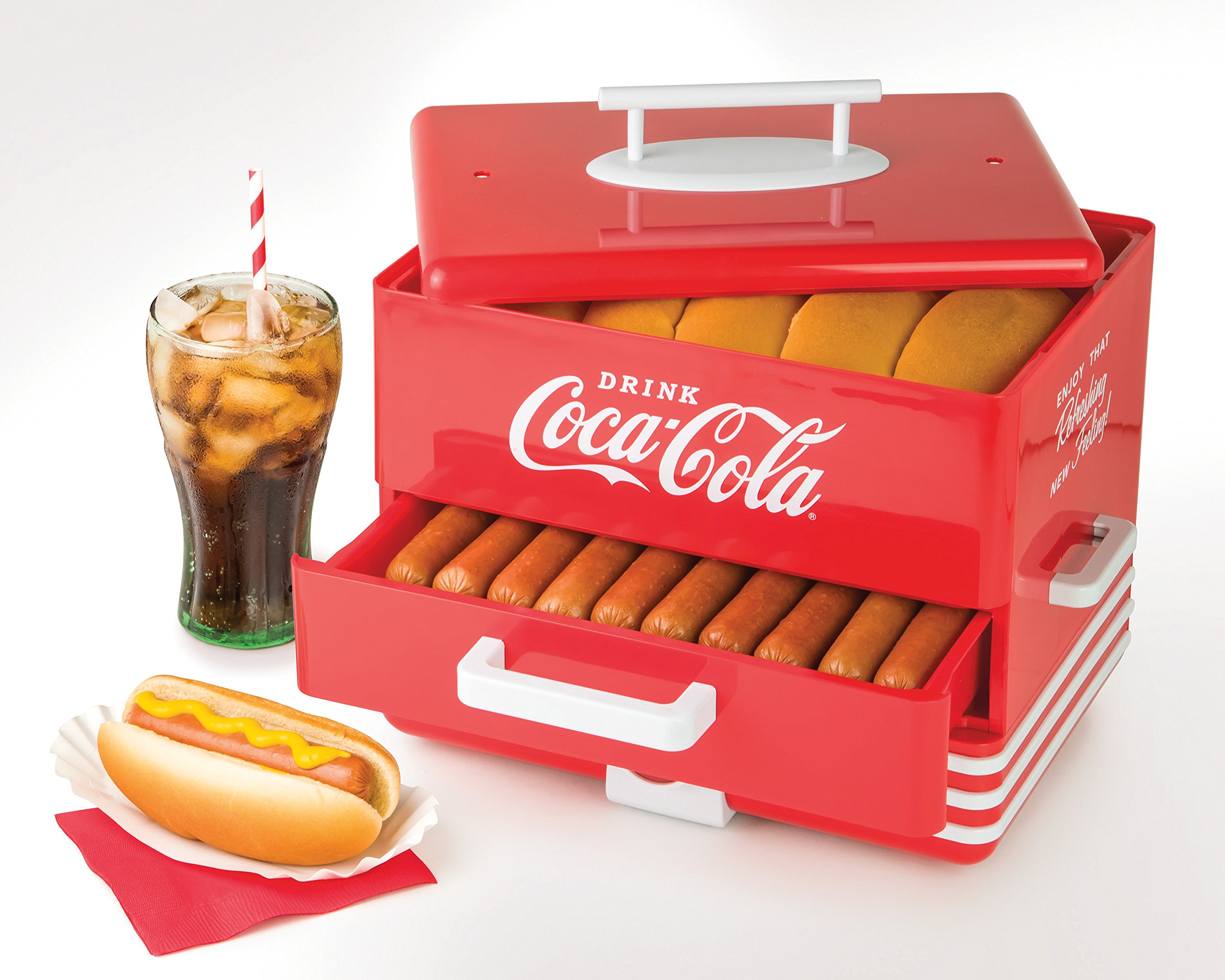 Nostalgia Extra Large Diner-Style Coca-Cola Hot Dog Steamer and Bun Warmer, 24 Hot Dog and 12 Bun Capacity, Steam Bratwursts, Sausages, Vegetables, Fish, Dumplings, Red