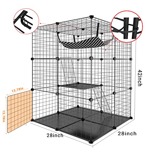 IKARE Cat Cage DIY Indoor Pet Home Small Animal House Detachable Playpen with 3 Doors 3 Tiers for Kitten Puppy Bunny Exercise. (Black,27.6 x 27.6 x 41.3Inch)