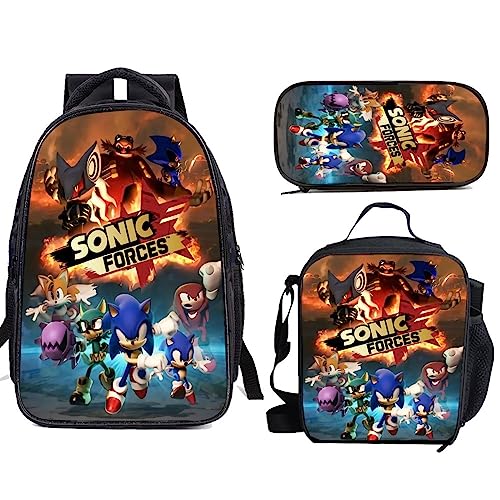 IKBAGVBK Anime Super 3 Piece Kids Backpack Set,Superhero Knuckles Boys Girls Study Schoolbag,Hedgehog Bookbag with Lunch Box & Pencil Case Combo Set