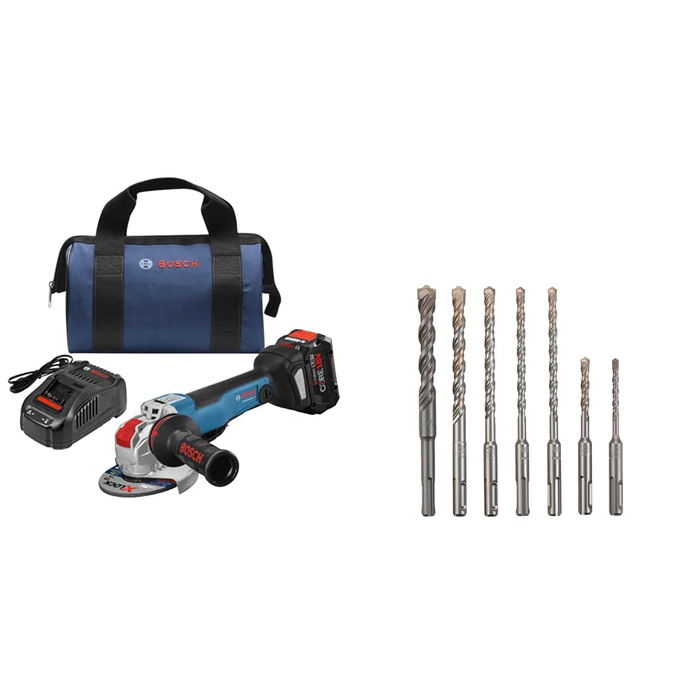 Bosch GWX18V-50PCB14 18V X-LOCK Brushless Connected-Ready 4-1/2In. ā 5 In.Angle Grinder Kit with (1)CORE18V 8.0Ah Performance Battery&BOSCH 7 Piece Carbide-Tipped SDS-plus Rotary Hammer Drill Bit Set