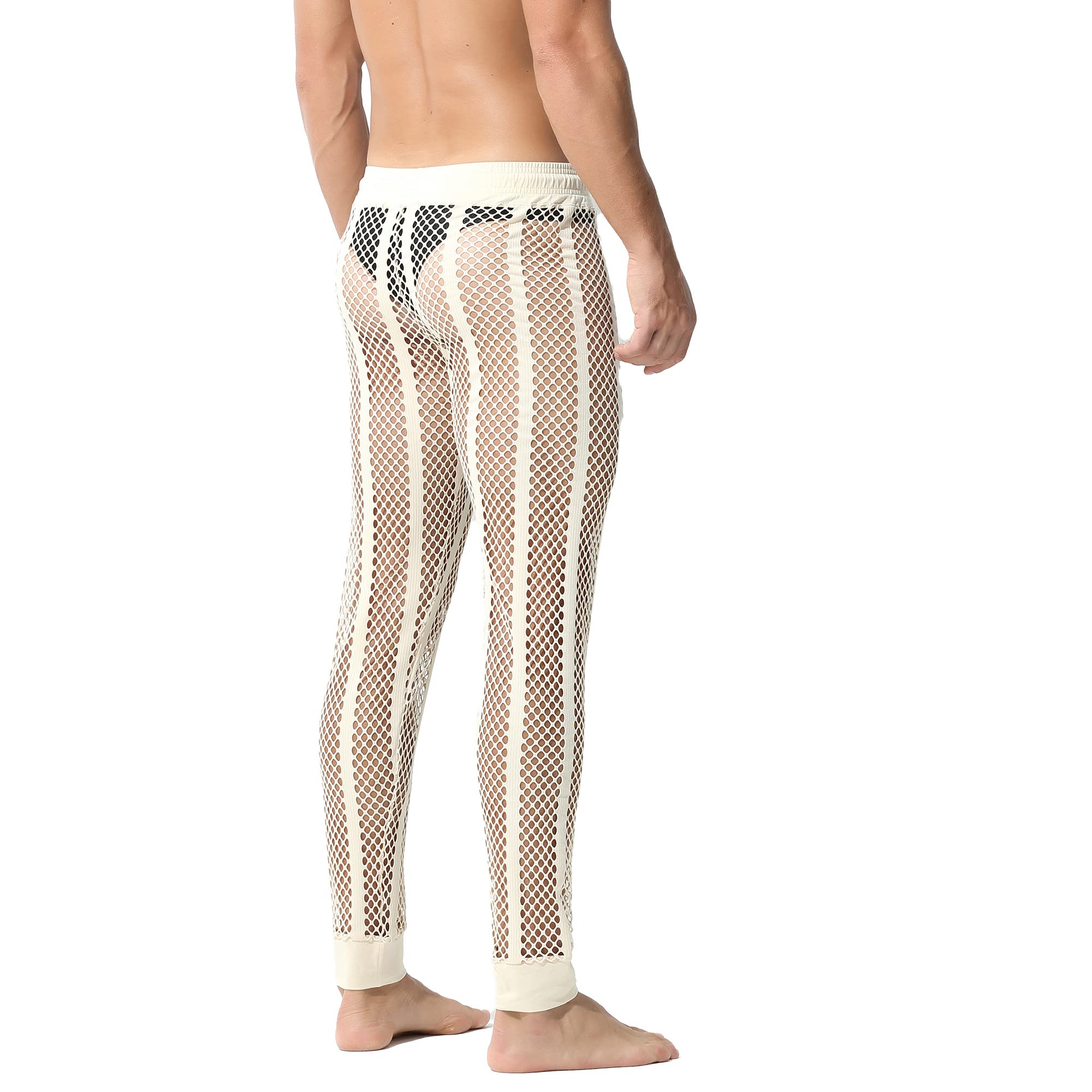 DHEWFU Men's Mesh Fishnet Pants See Through Stretchy Muscle Leggings Drawstring Sleep Lounge Thermal Bottoms
