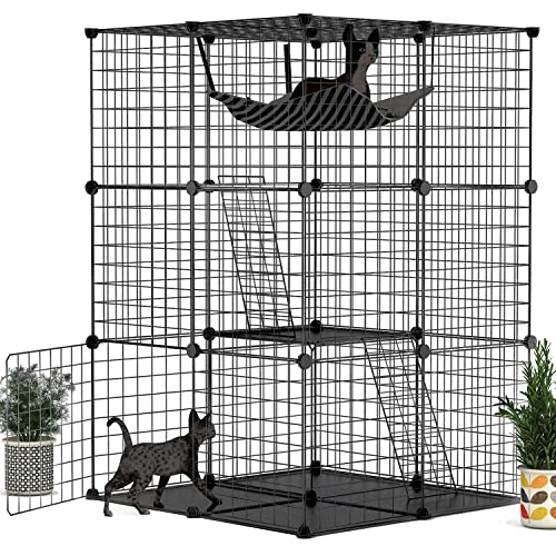 IKARE Cat Cage DIY Indoor Pet Home Small Animal House Detachable Playpen with 3 Doors 3 Tiers for Kitten Puppy Bunny Exercise. (Black，27.6 x 27.6 x 41.3Inch)