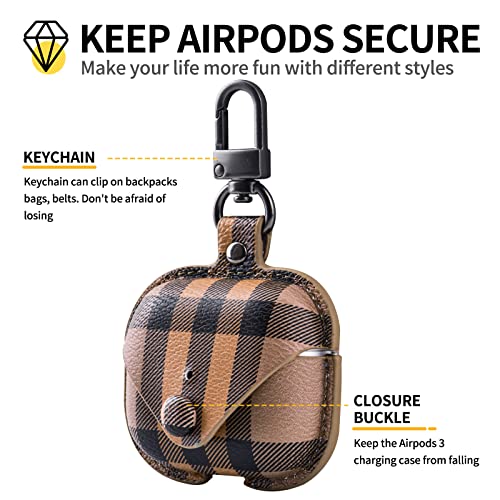 Pujuyeka Leather Luxury Case for AirPods 3rd Generation 2021 with Keychain,Designer Plaid Cute Airpod Charging Case Cover Aesthetic Lockable Protective Air Pod Skin Cover (AirPod 3rd Gen 2021 Brown)