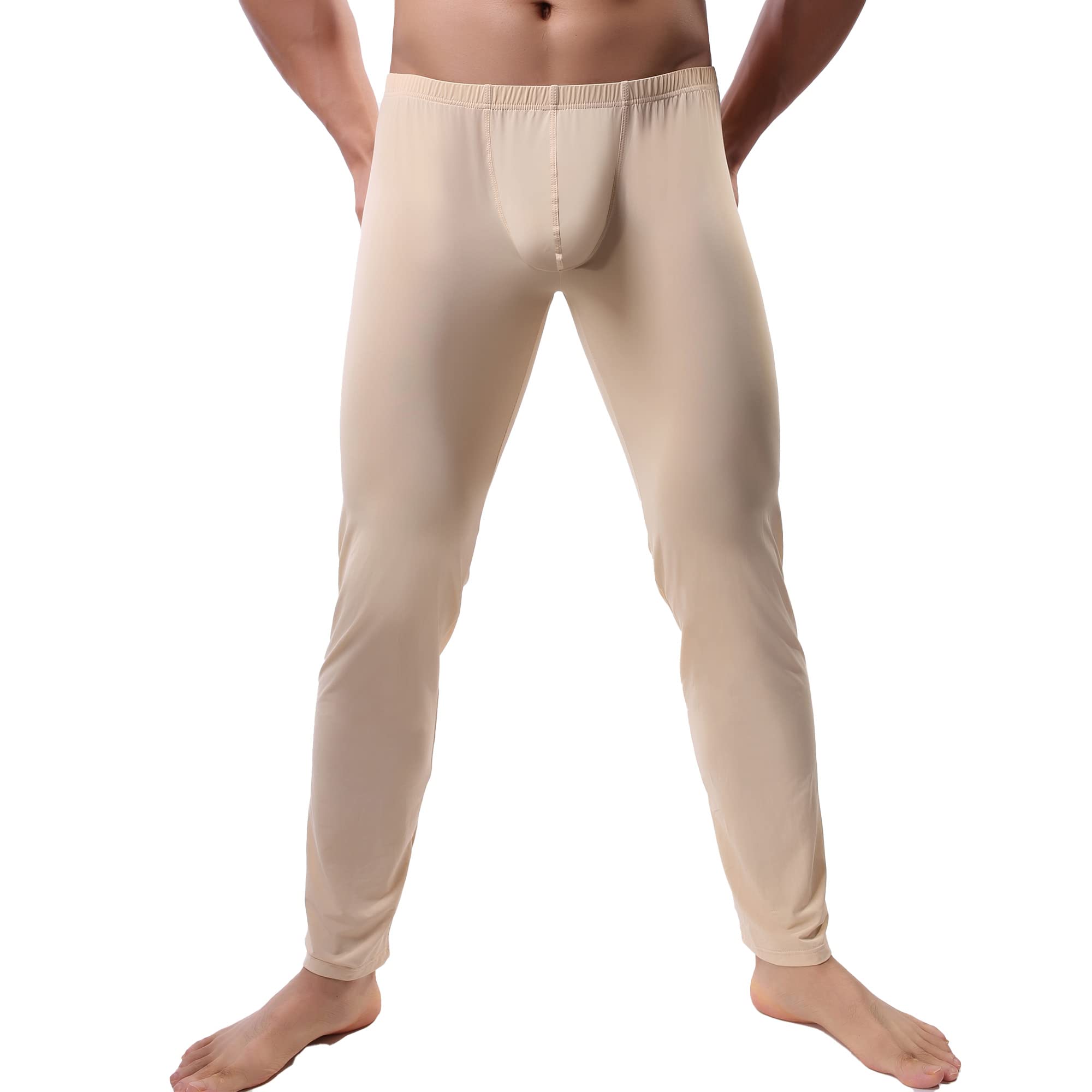DHEWFU Mens Tight Long Underwear Bottoms Soft Low Rise Elastic Leggings Pants Trousers Sleep Beige