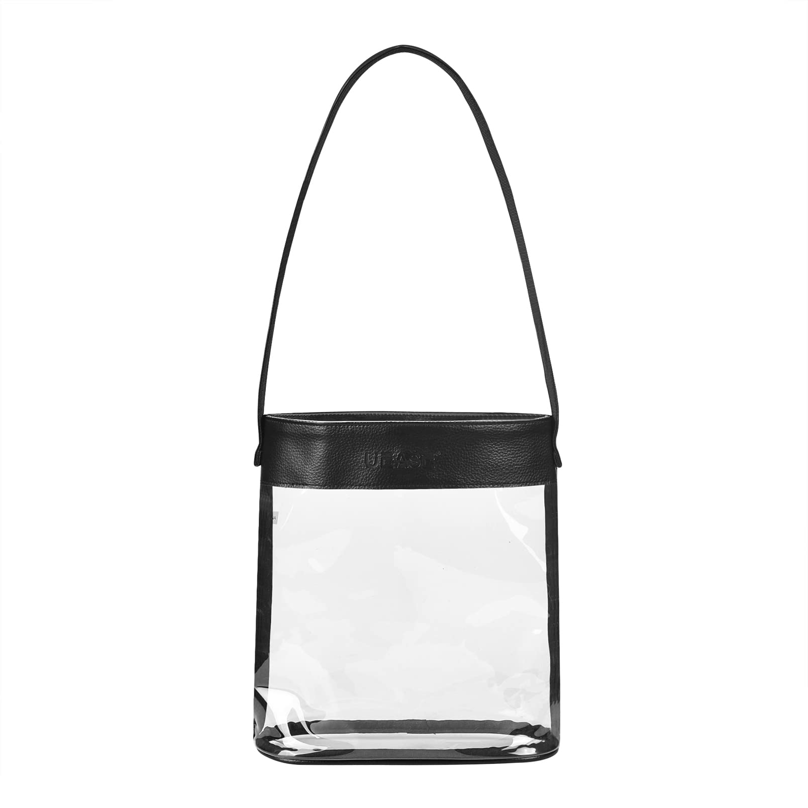 UEASE Clear Bucket Bag with Magnetic Buckle Closure Women PVC Shoulder Handbag for Stadium Approved (Black)
