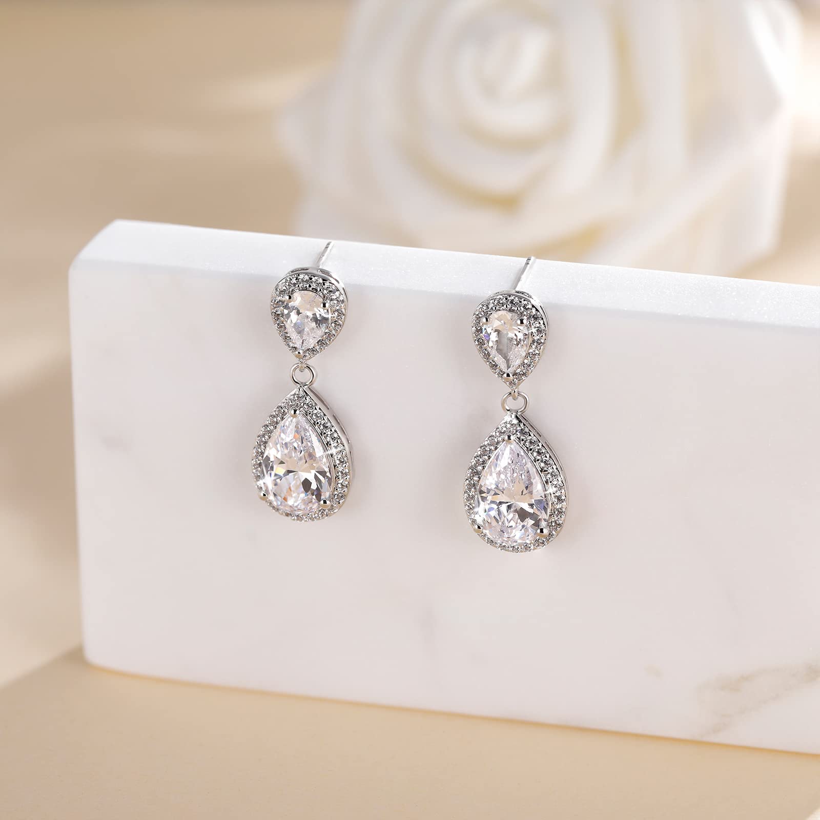 EAMTI Silver Dangle Earrings for Women Cubic Zirconia Teardrop Bridal Wedding Earrings 925 Sterling Silver Post Rhinestone Earring