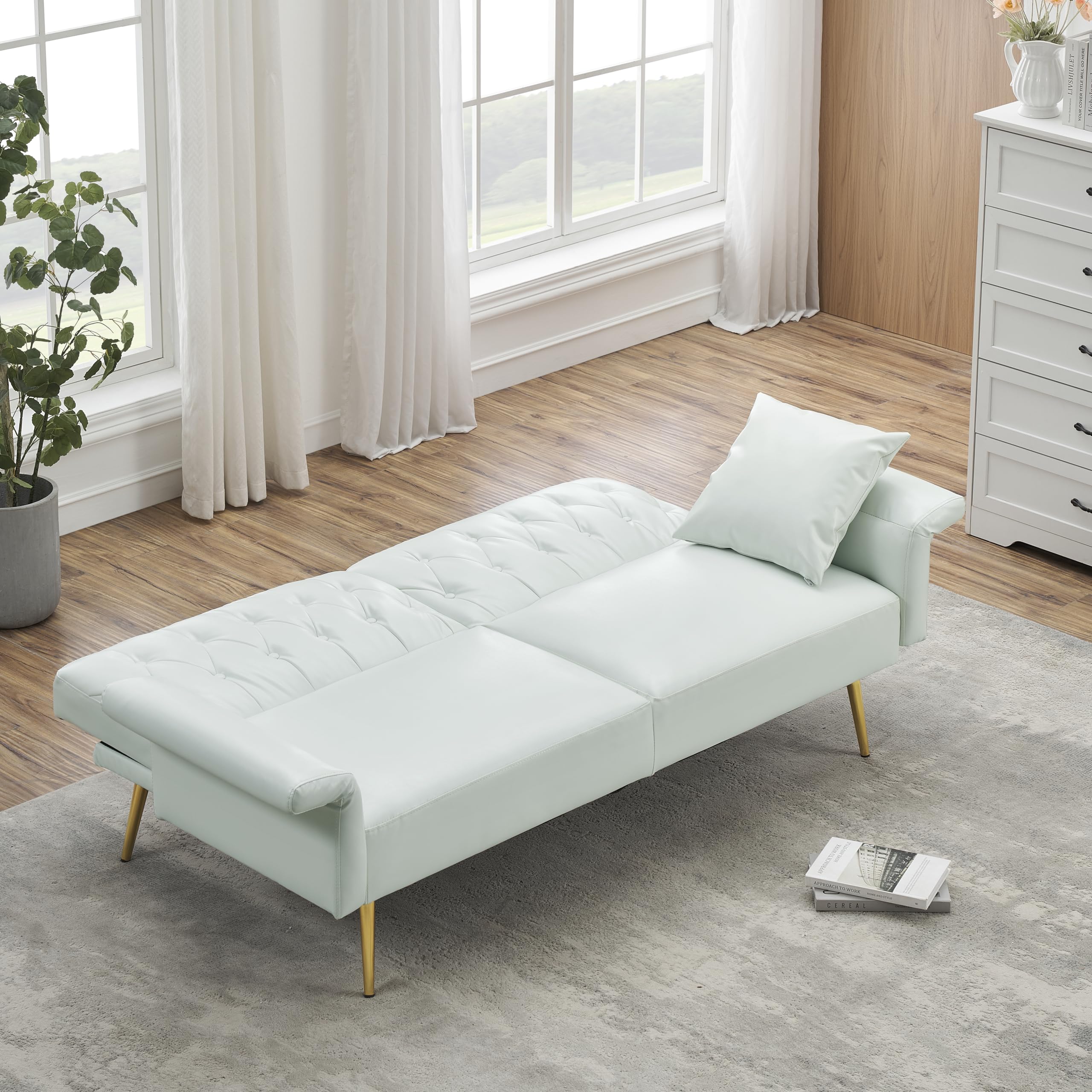 Elevon Futon Couch, Convertible Futon Sofa Bed, Faux Leather Folding Recliner Sleeper, Modern Lounge Sofa with Adjustable Armrests and Pillow for Living Room, Small Space, Office, Apartment, White