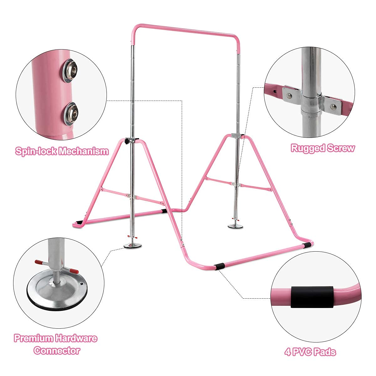 Costzon Expandable Gymnastics Training Bar, Folding Gymnastics Bar with Triangular Structure, 3 to 4.5 FT Height Adjustable Junior Horizontal Kip Bar, Training Monkey Bars for Kids Gymnasts (Pink)