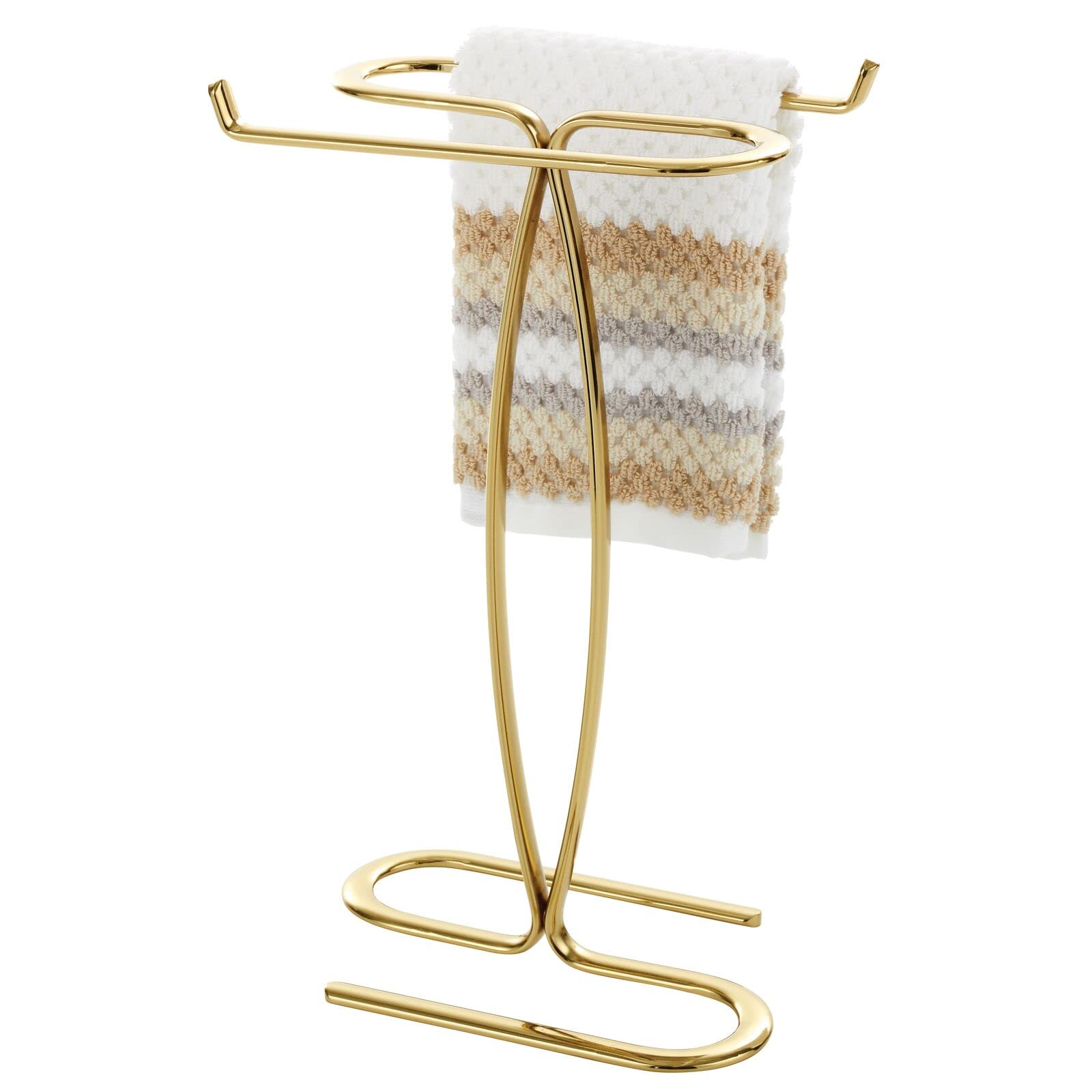 mDesign Decorative Modern Metal Fingertip, Hand Towel Holder Stand - for Bathroom Vanity Countertops to Display and Store Small Guest Towels - 2-Sided, 14" High - 2 Pack - Soft Brass