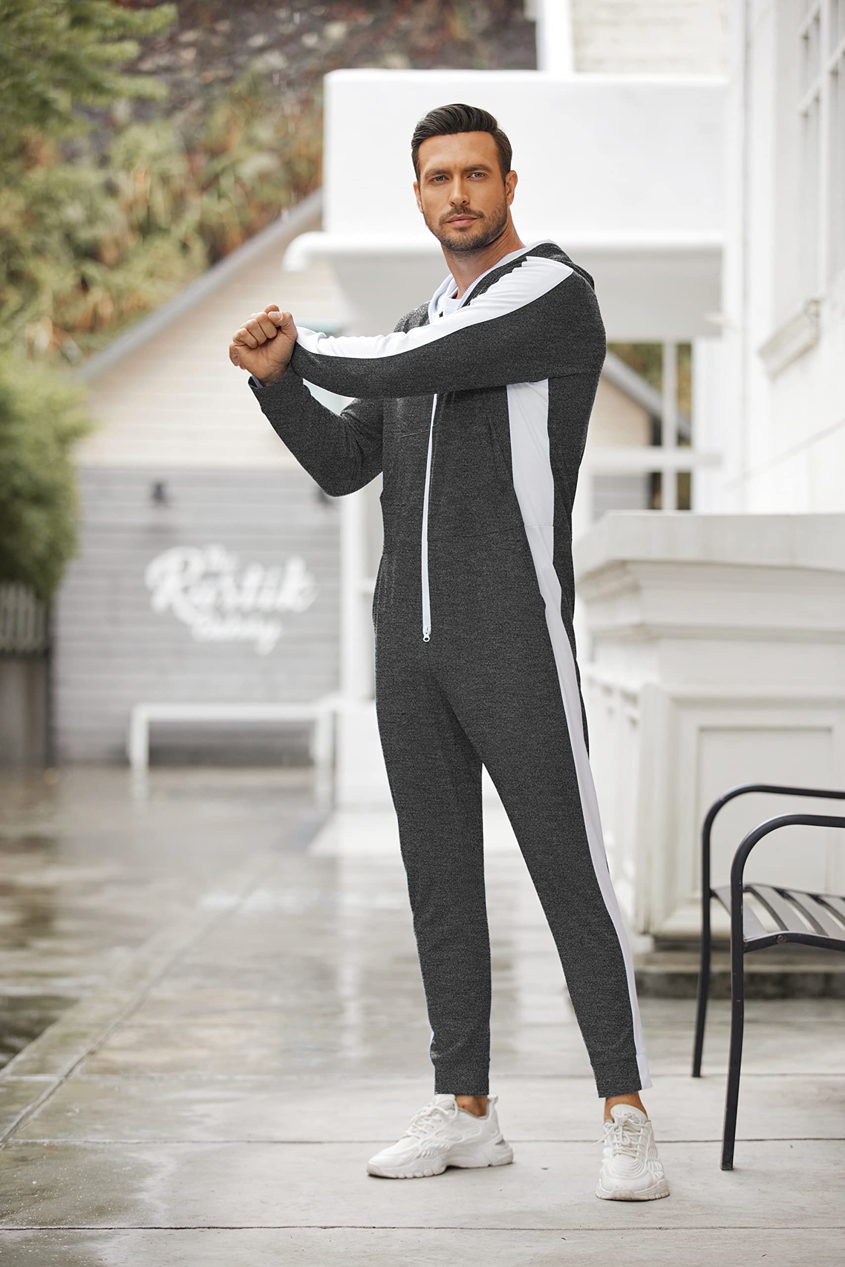 COOFANDY Mens Casual Jumpsuits Winter Long Rompers Full Zip-Up Onesie Sweatsuit Overalls Gray M